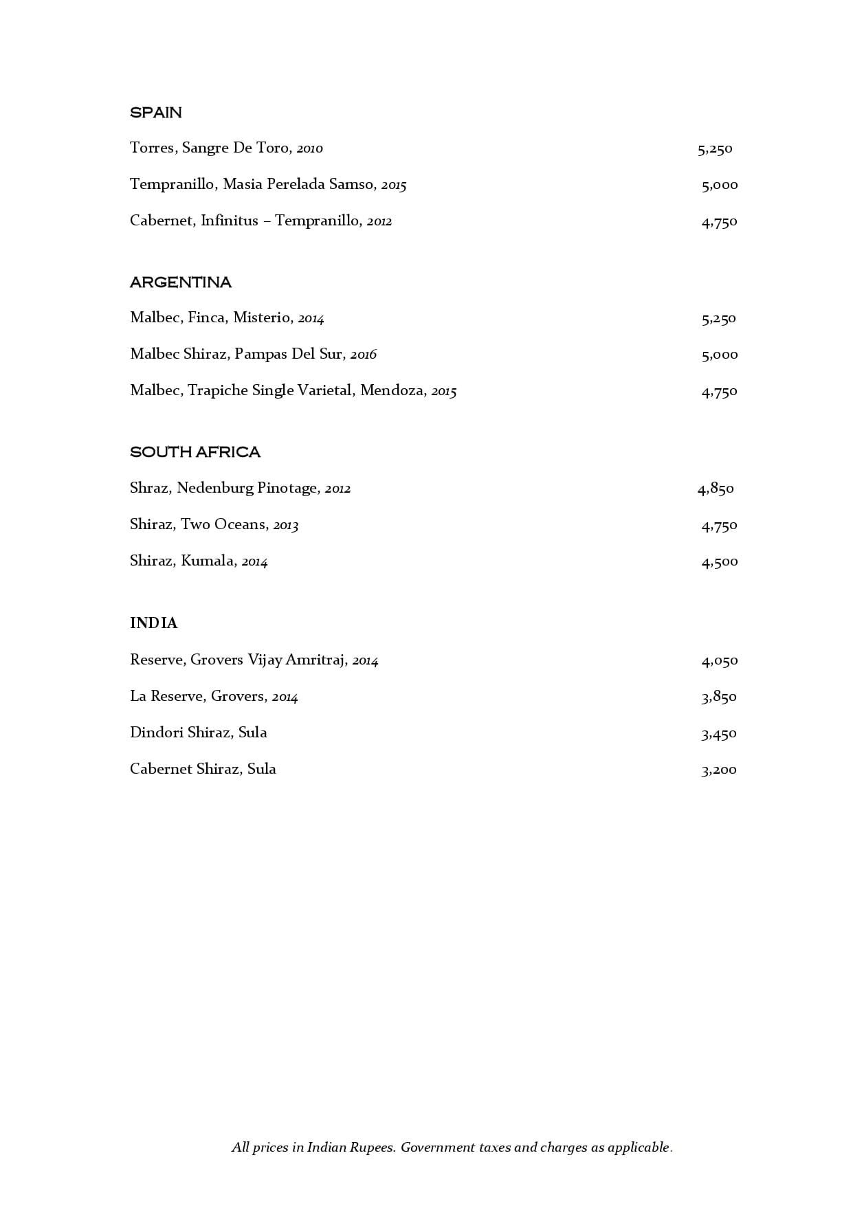Menu of Chingari , Sheraton Grand Pune Bund Garden Hotel, Pune