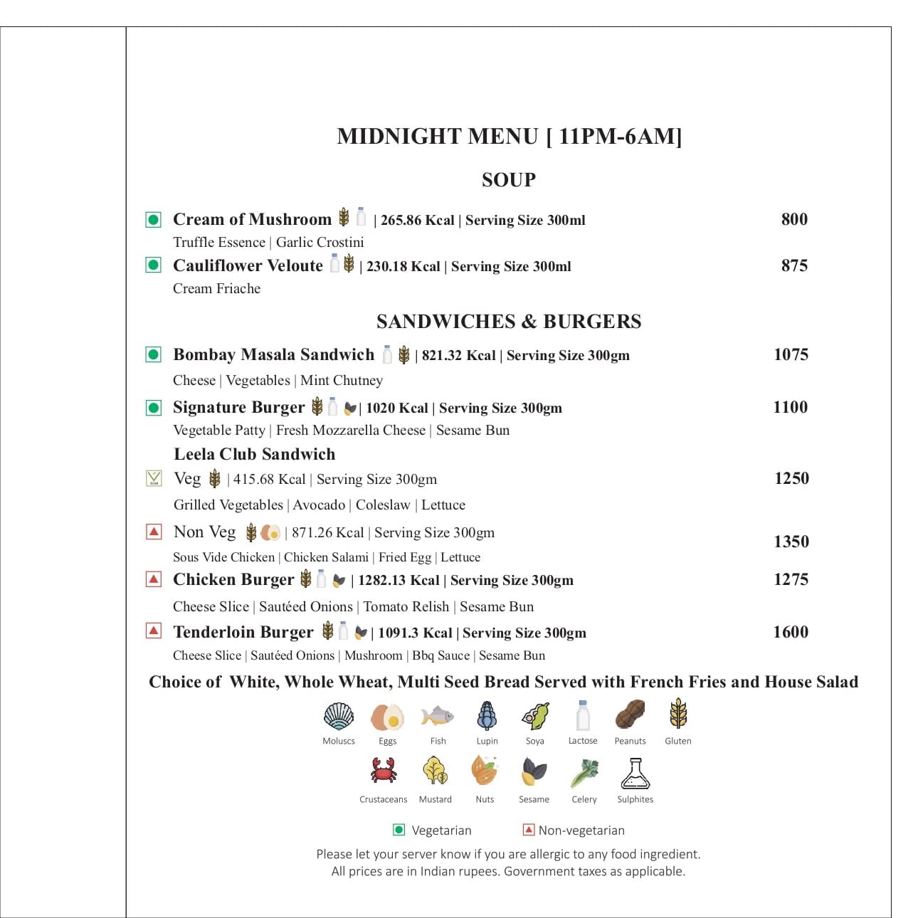 Menu of Spectra, The Leela Palace, Chennai
