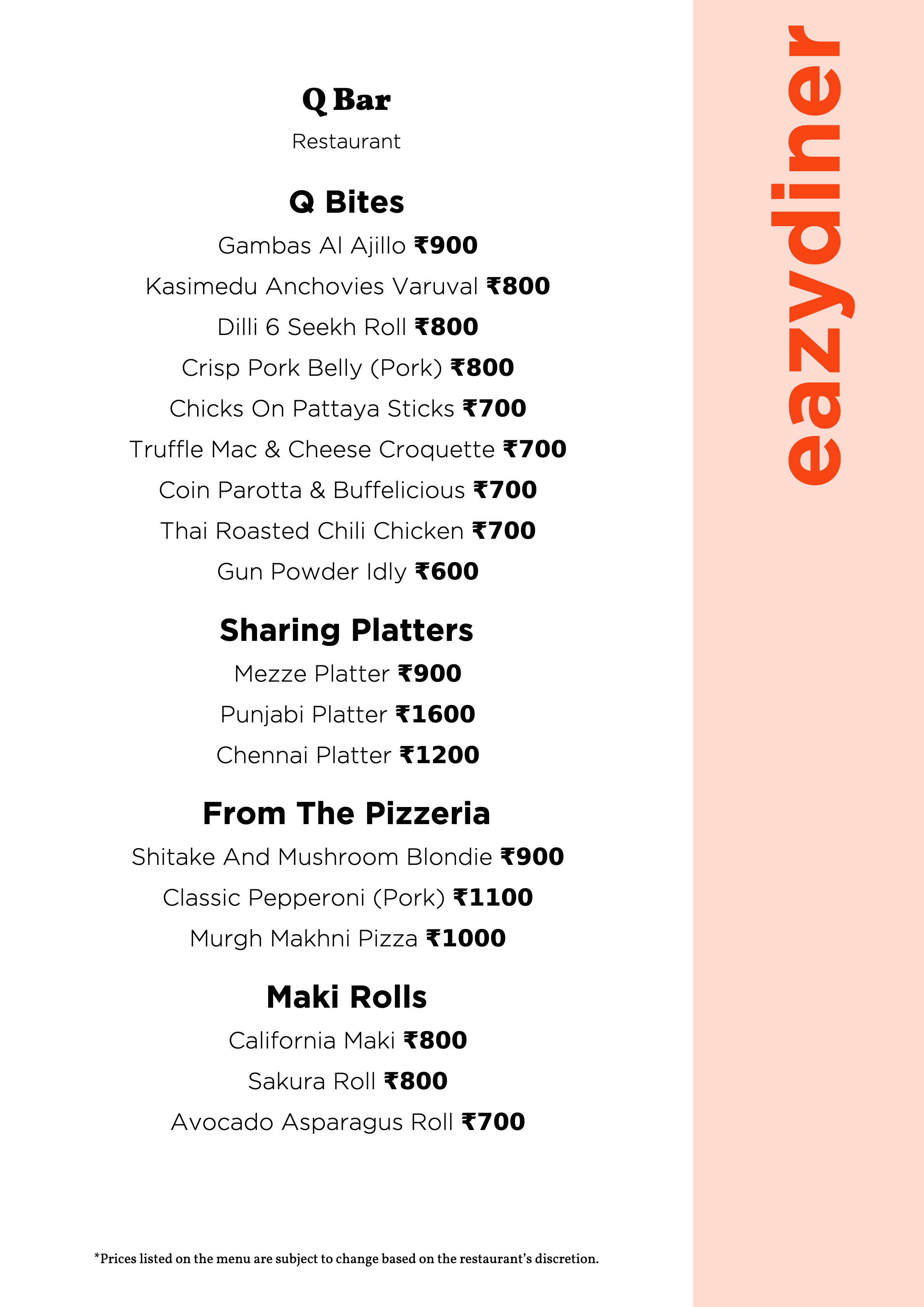 Menu of Q Bar, Hilton, Chennai