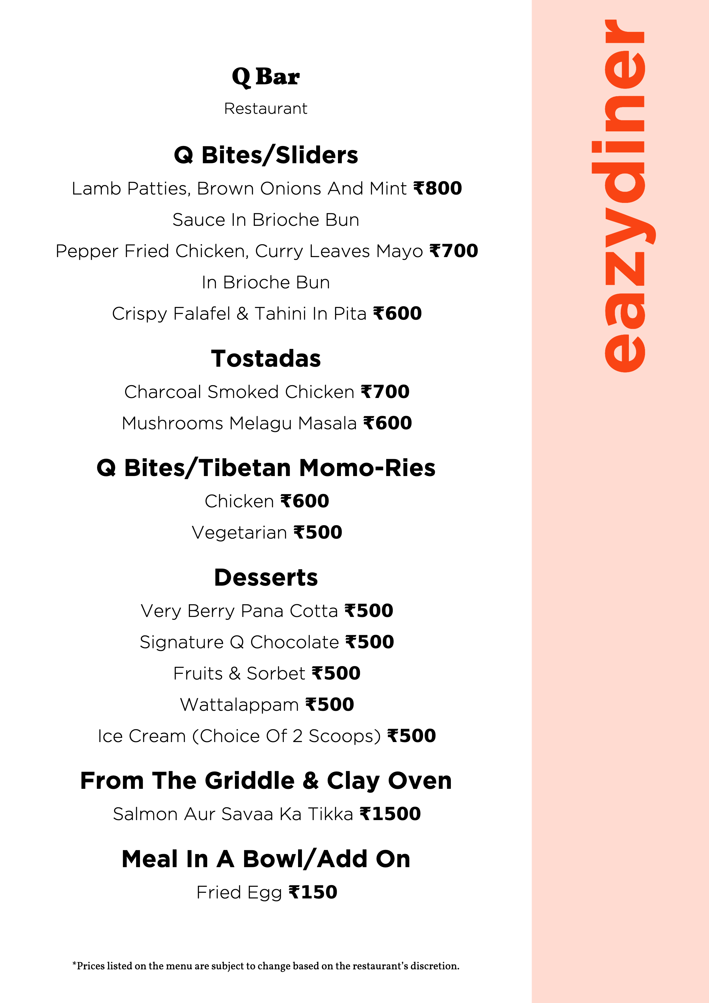 Menu of Q Bar, Hilton, Chennai