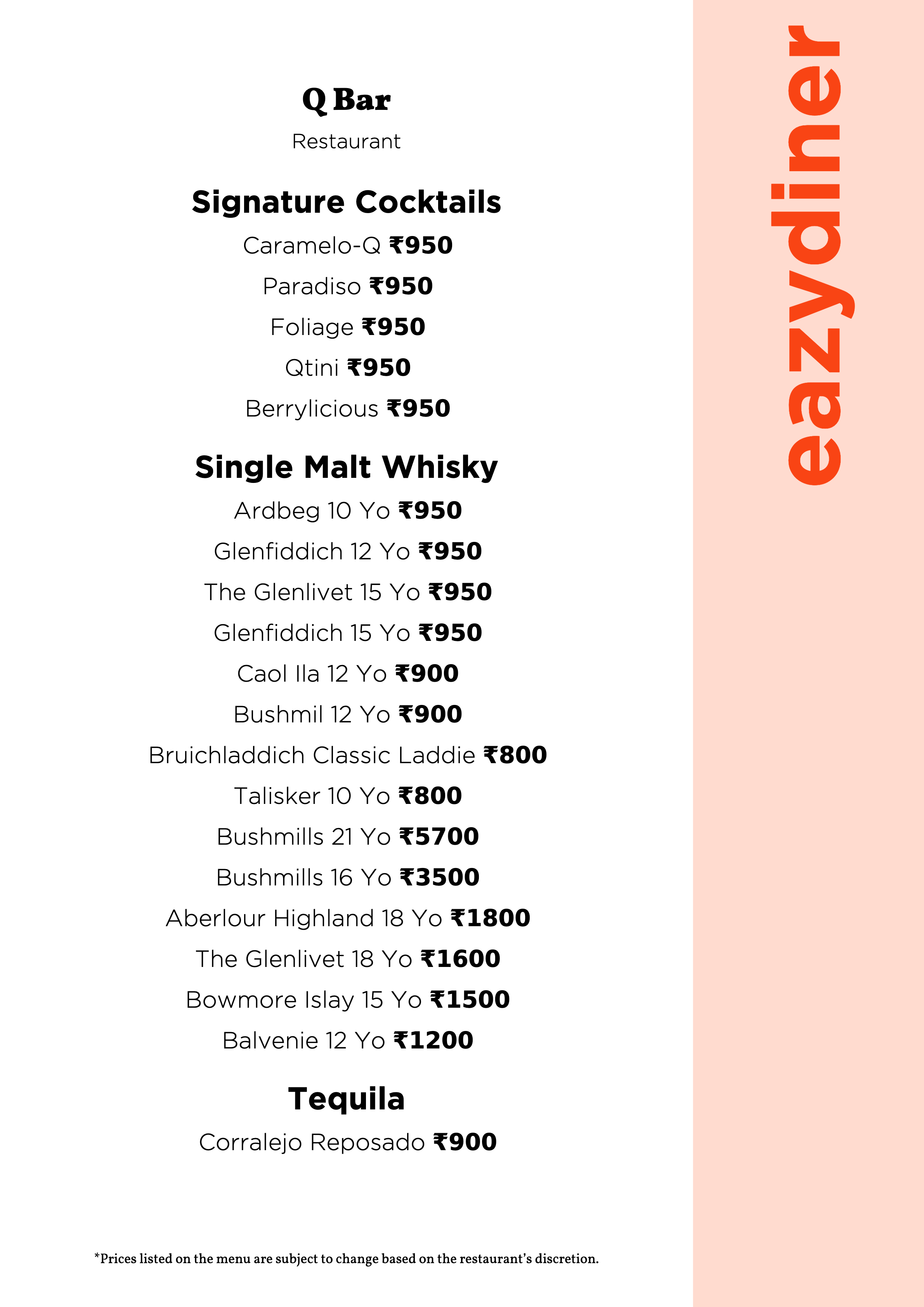 Menu of Q Bar, Hilton, Chennai