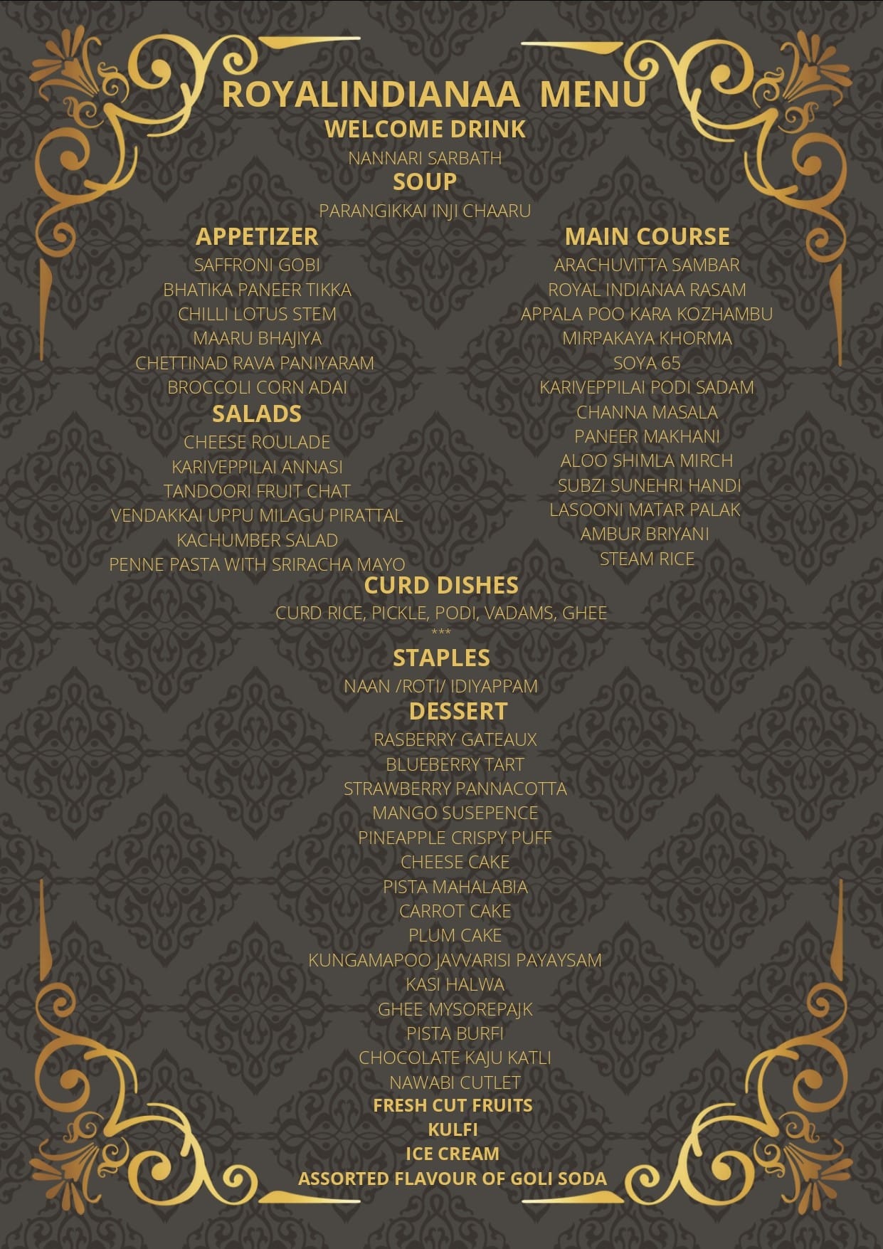 Menu of Royal Indianaa , The Accord Metropolitan, Chennai