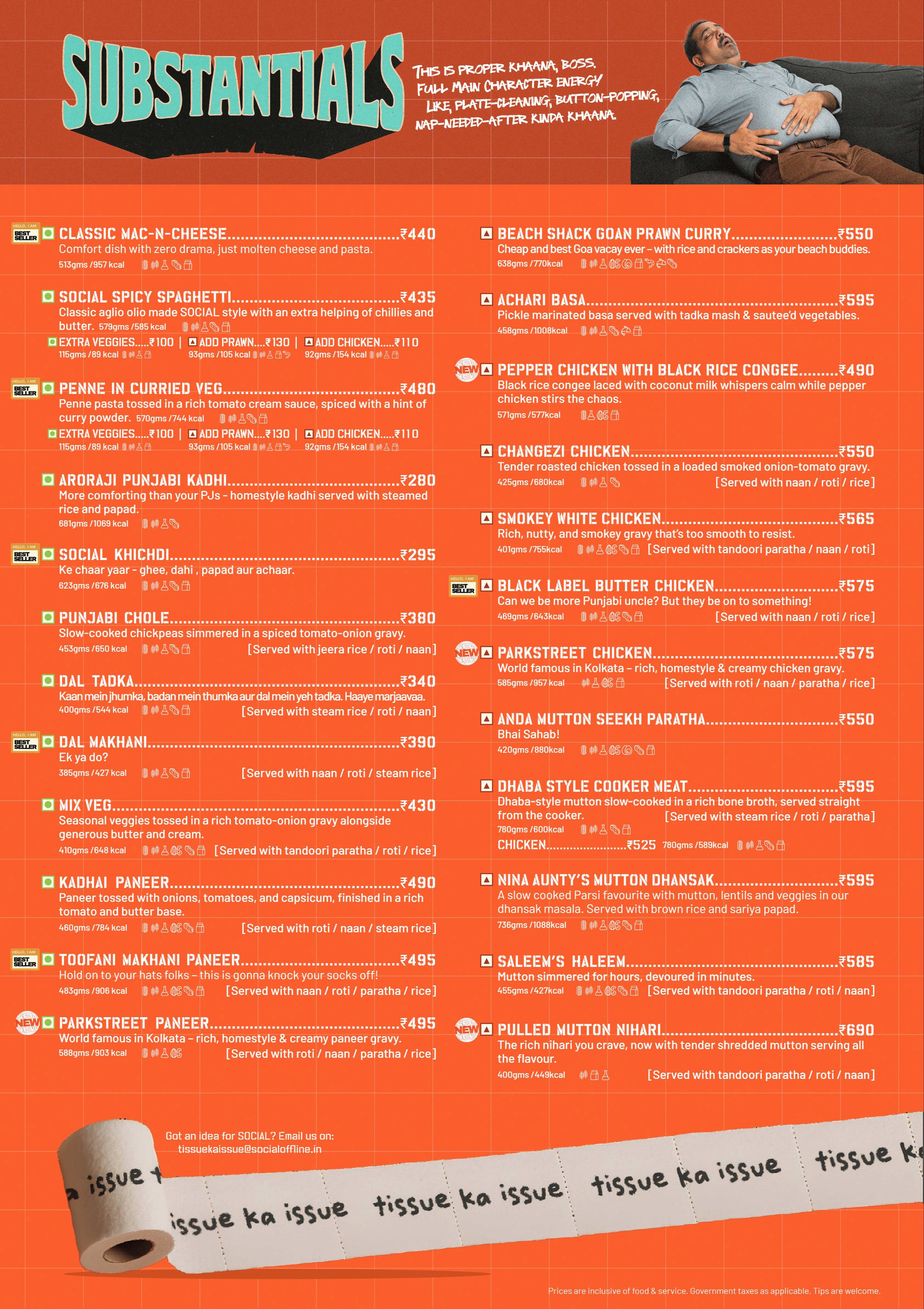 Menu of Cyber Hub Social, Cyber Hub, Gurgaon