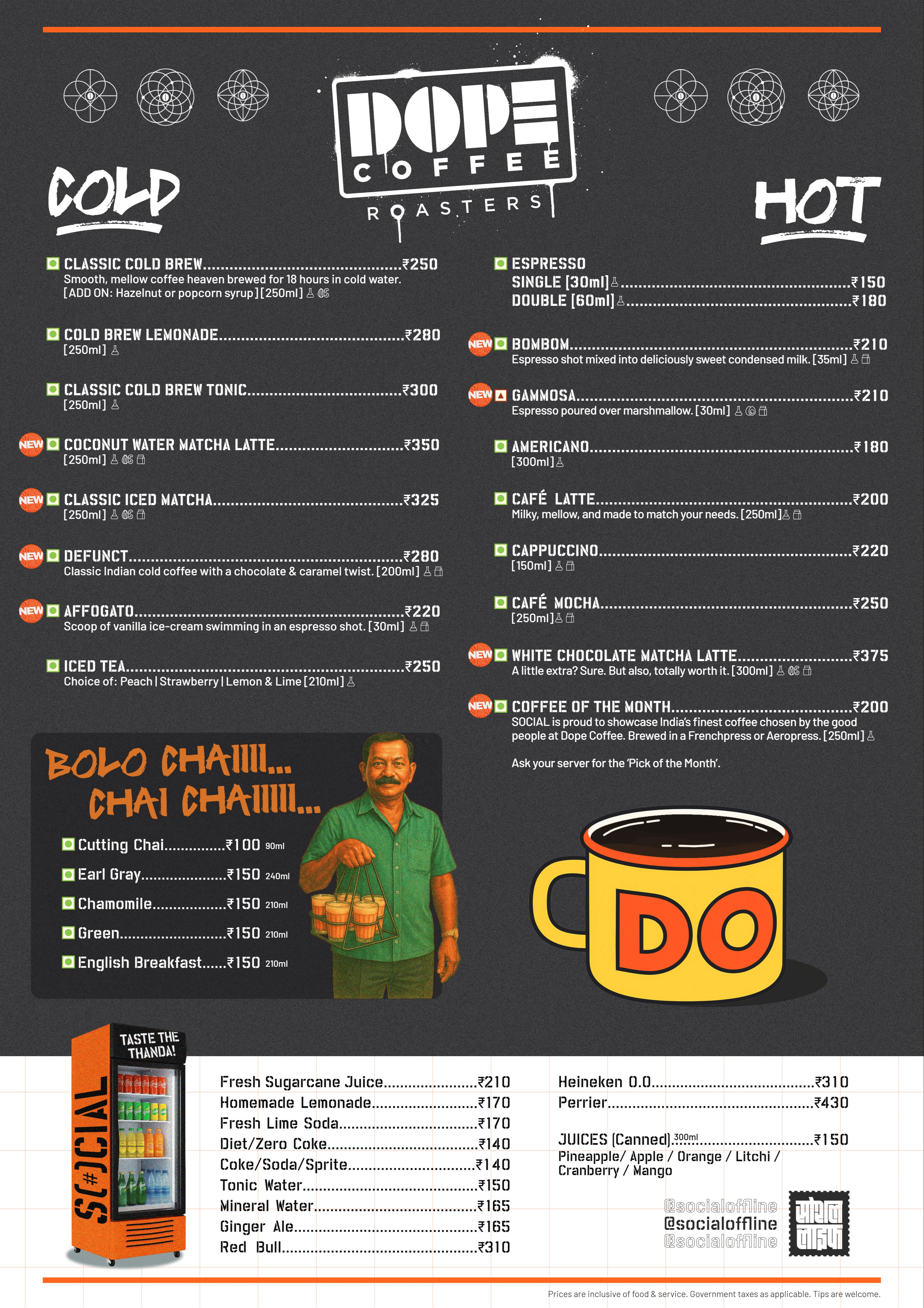 Menu of Cyber Hub Social, Cyber Hub, Gurgaon