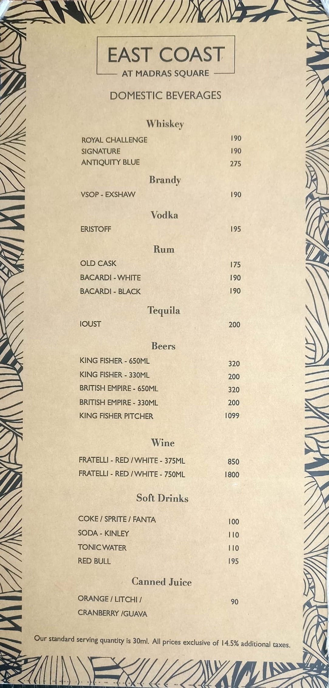 Menu of East Coast at Madras Square, Neelankarai, Chennai