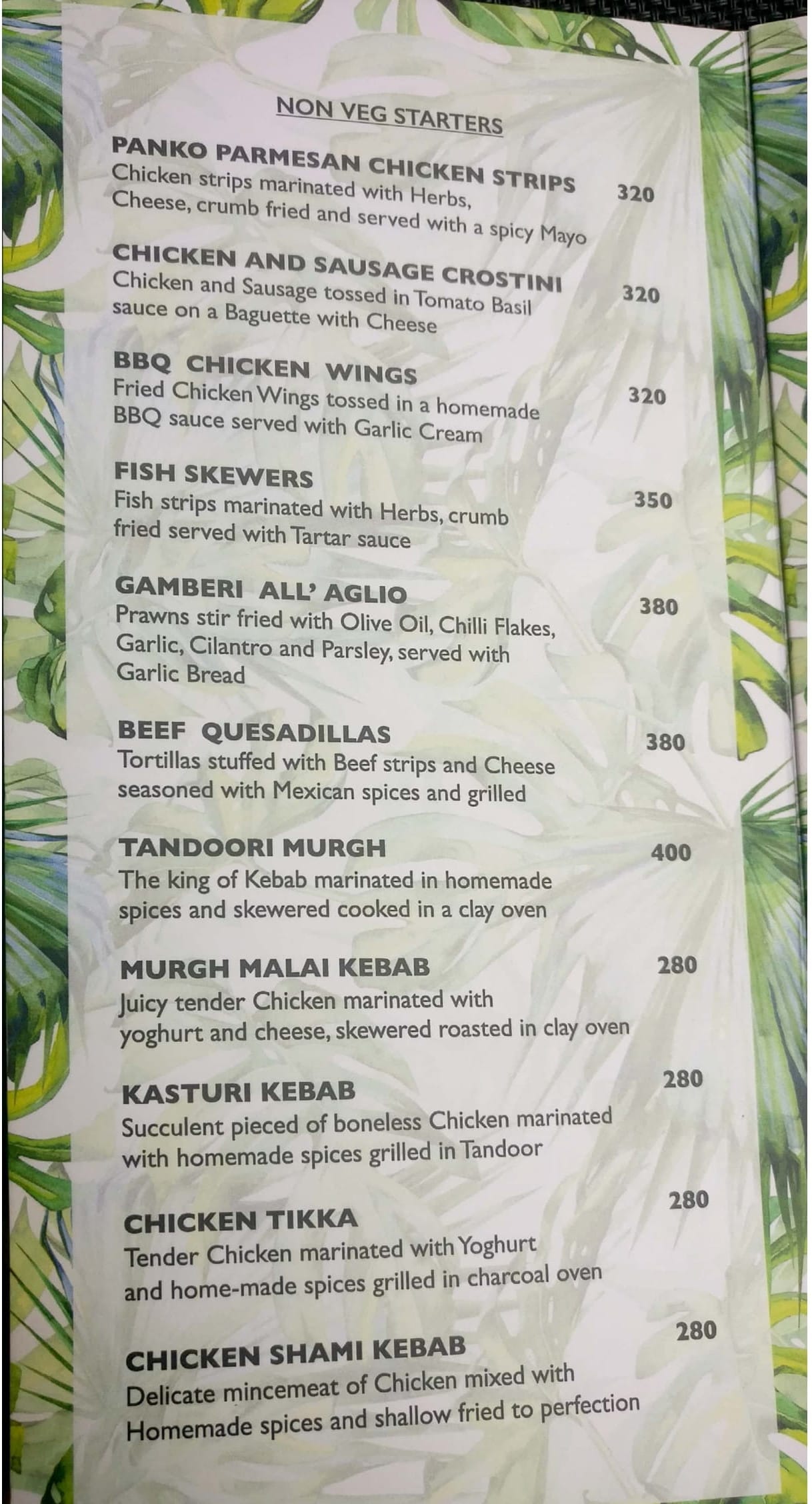 Menu of East Coast at Madras Square, Neelankarai, Chennai
