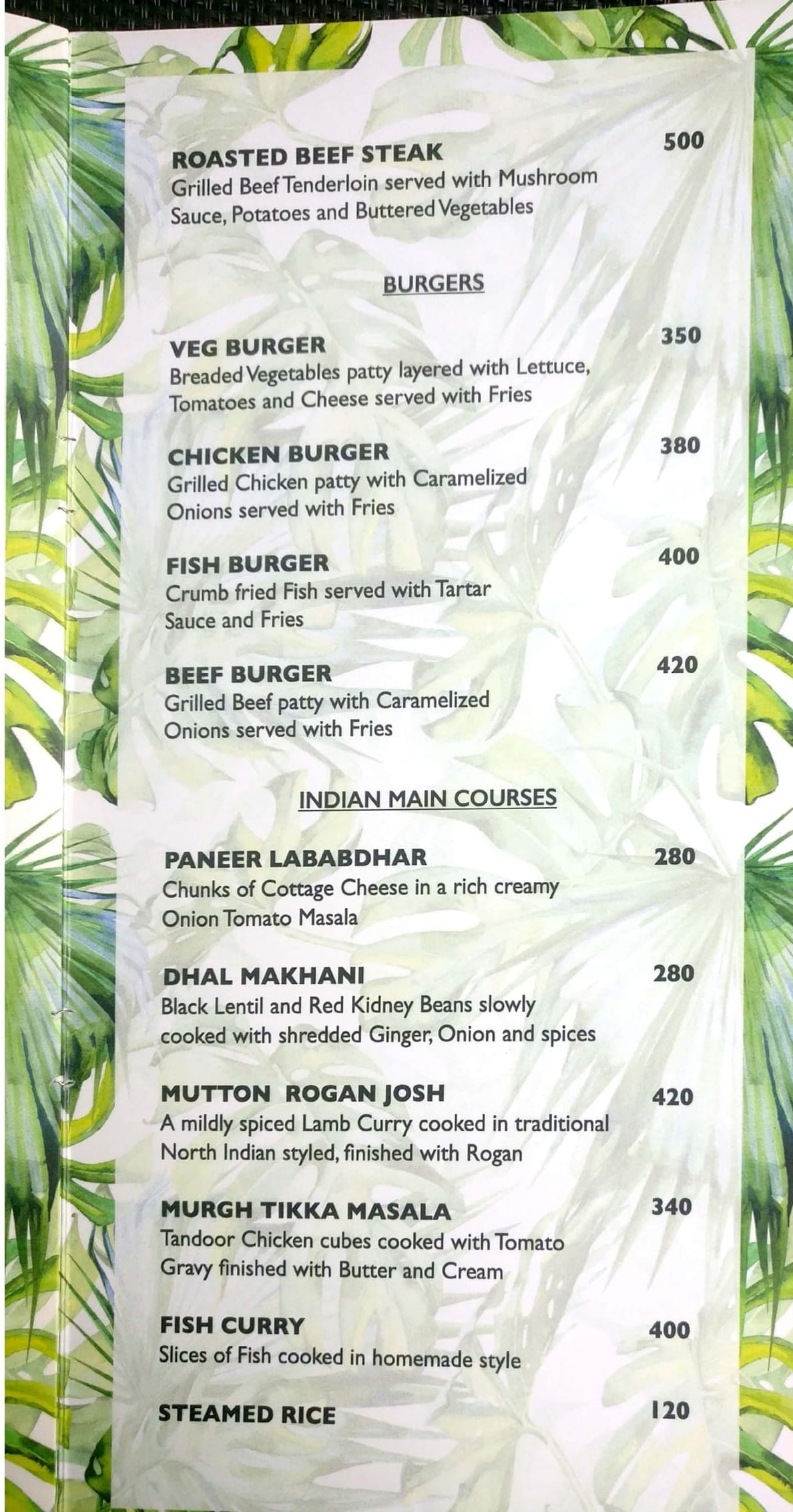 Menu of East Coast at Madras Square, Neelankarai, Chennai
