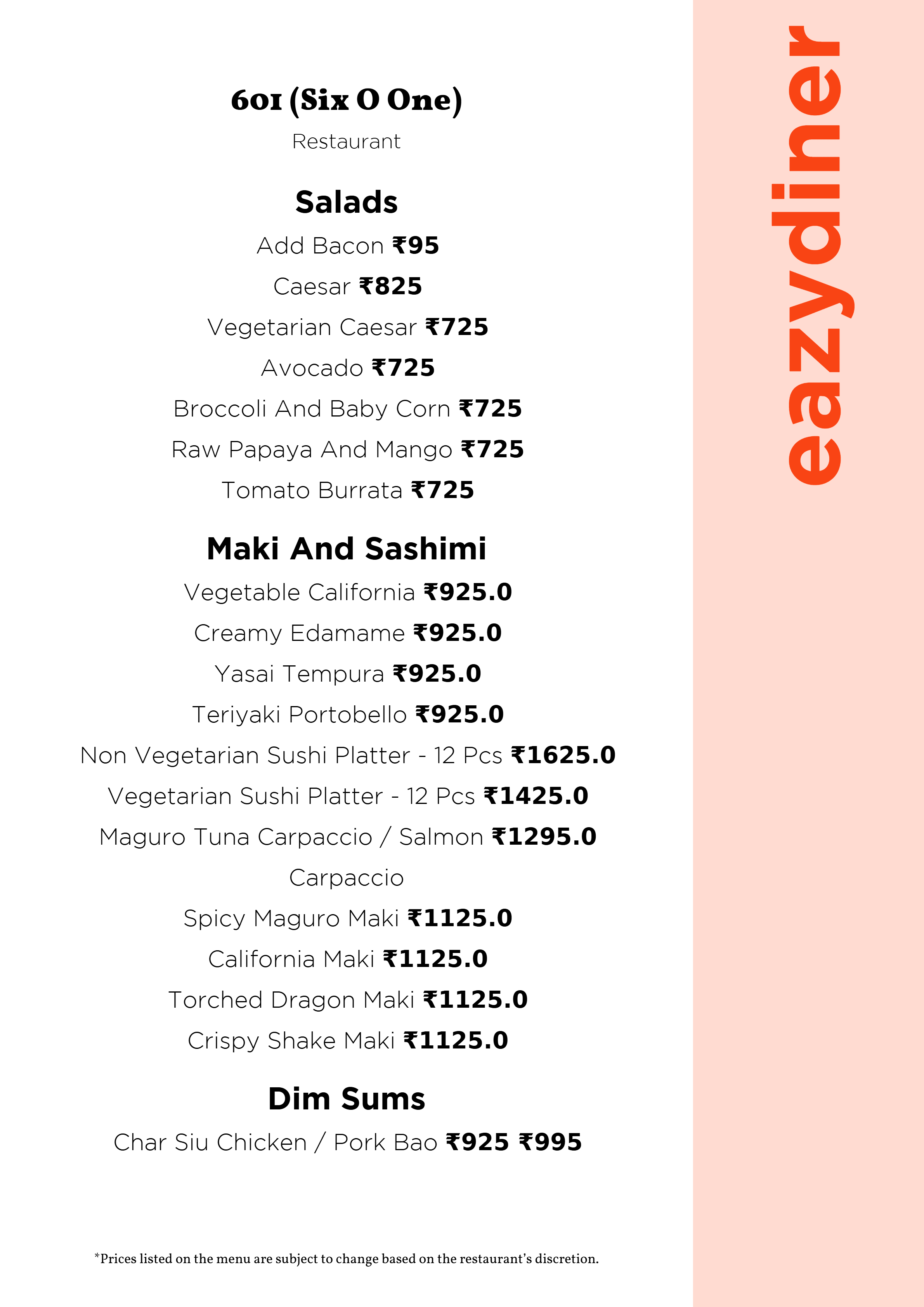 Menu of 601 (Six O One), The Park, Chennai