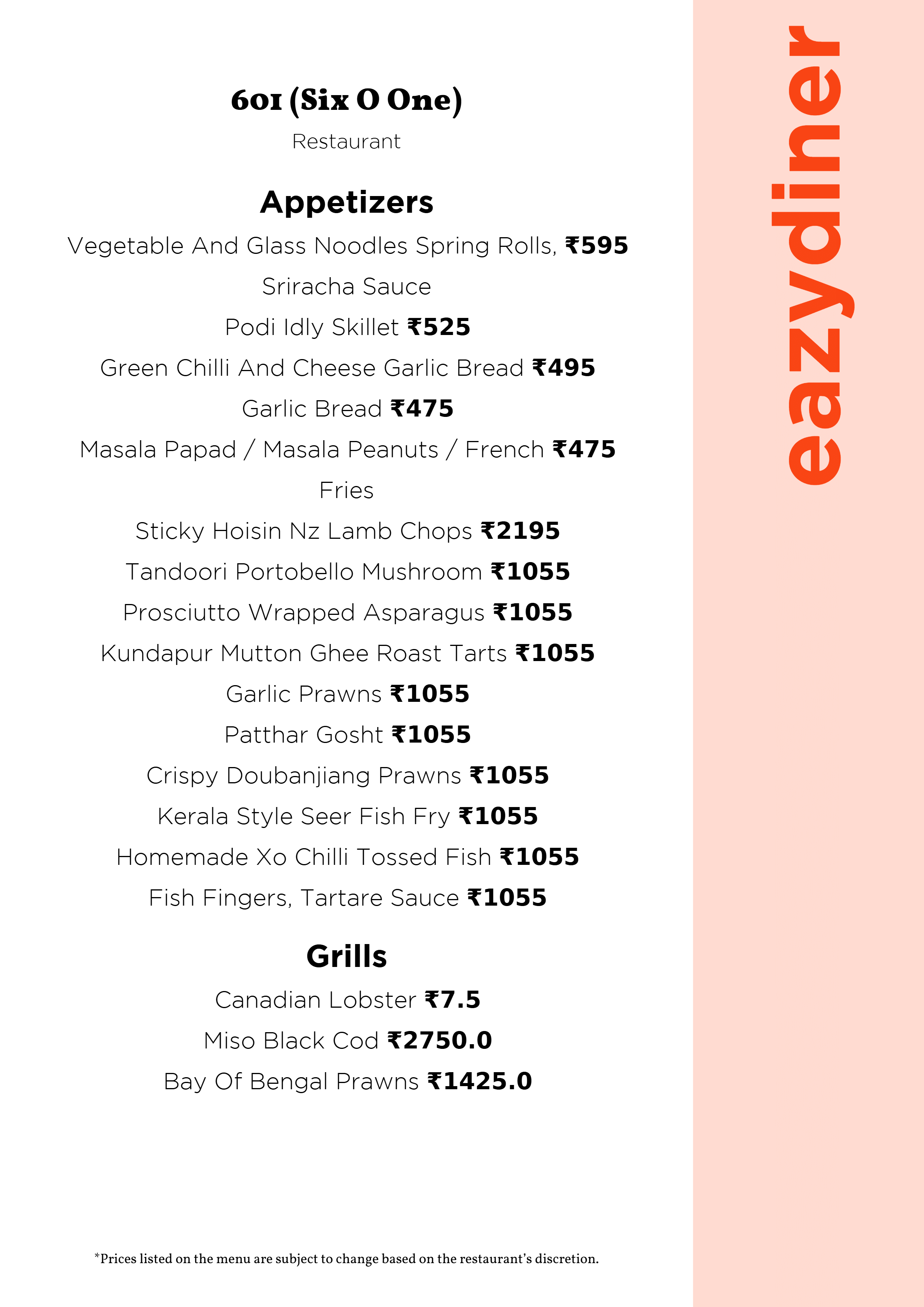 Menu of 601 (Six O One), The Park, Chennai