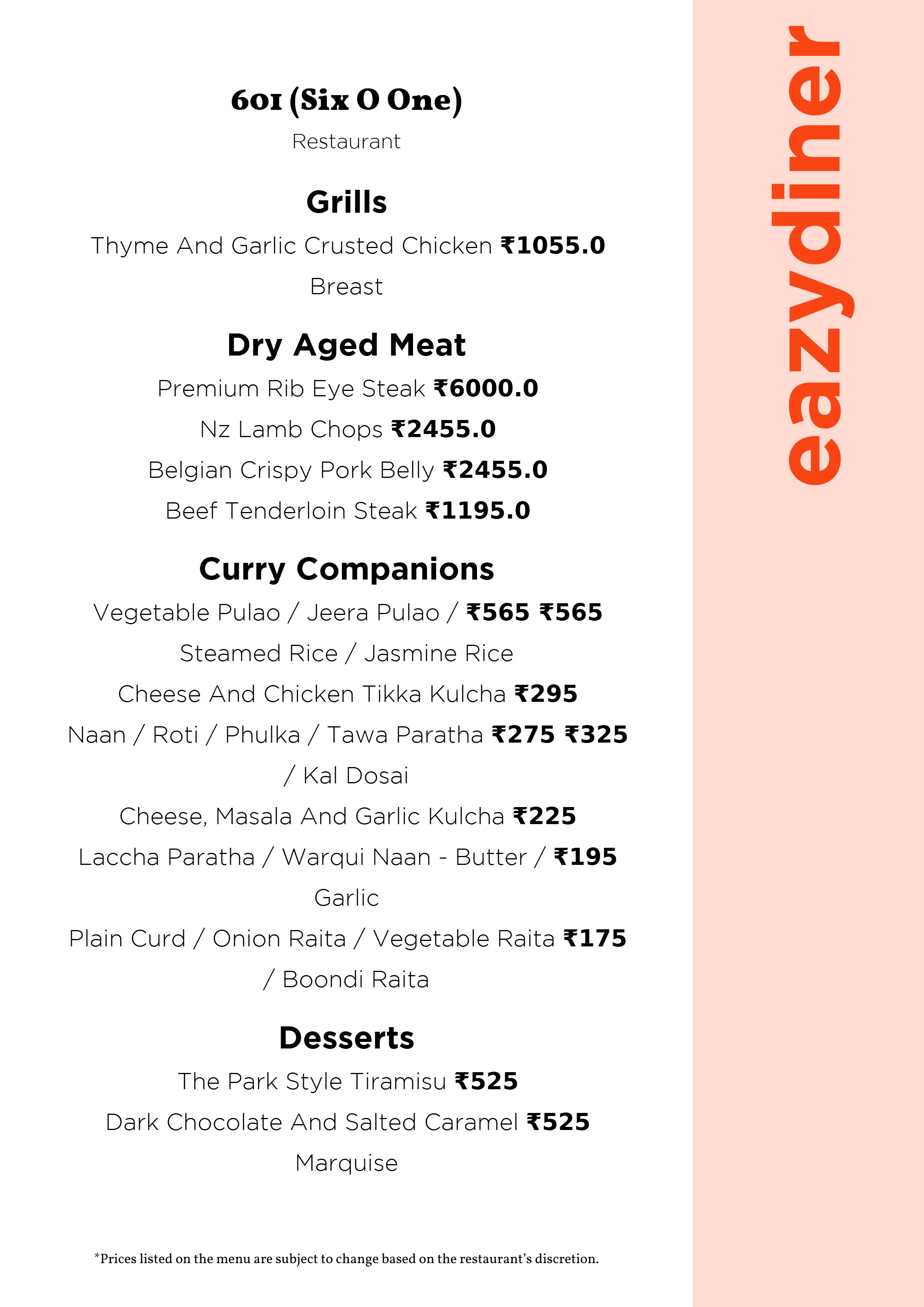 Menu of 601 (Six O One), The Park, Chennai