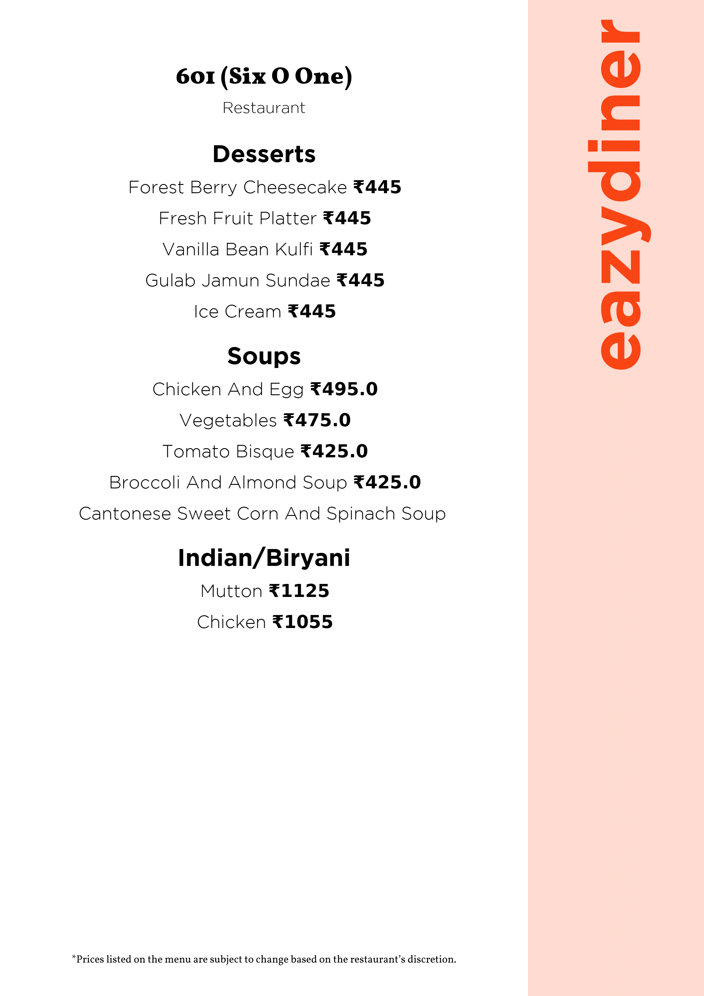 Menu of 601 (Six O One), The Park, Chennai