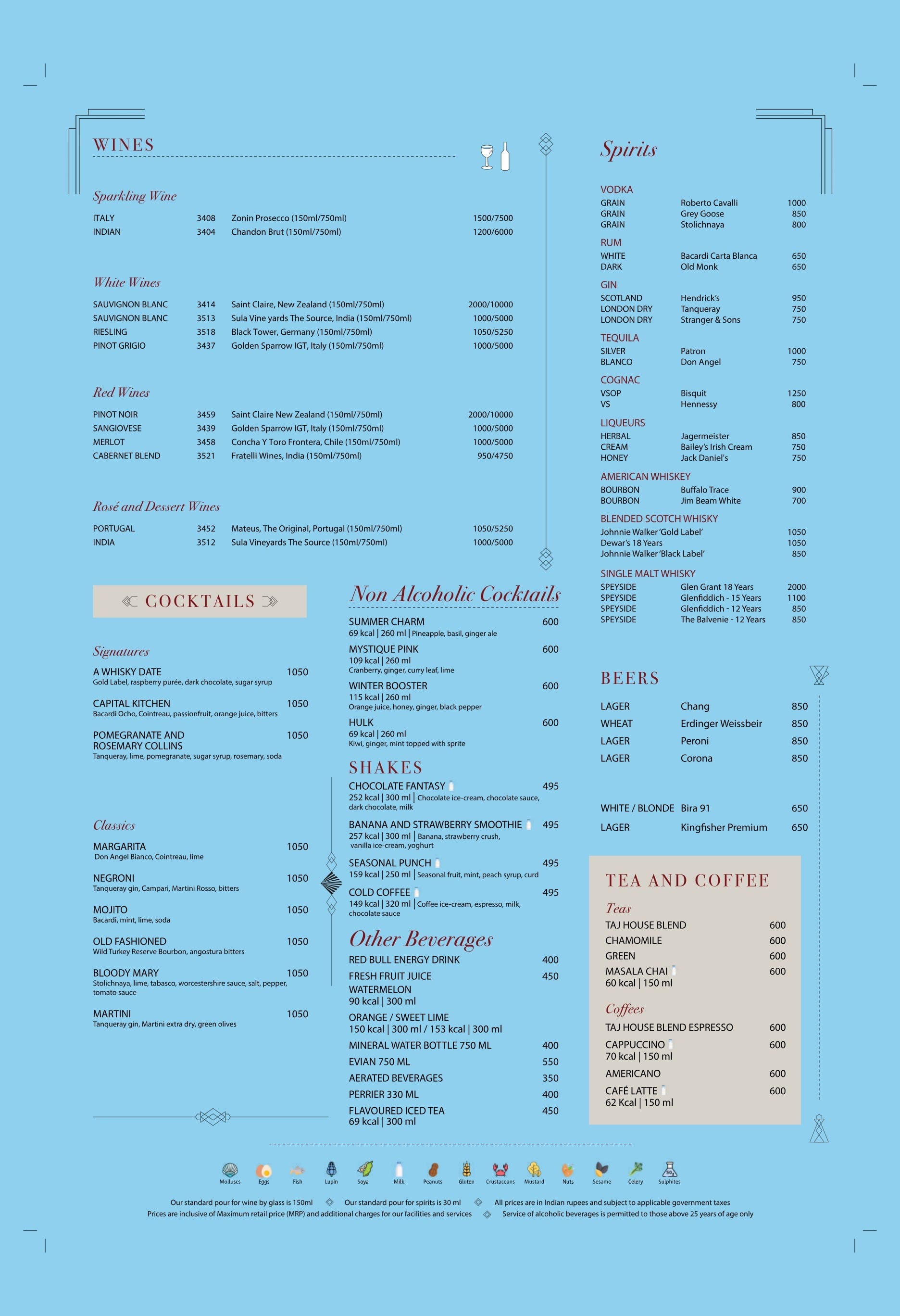 Menu of Capital Kitchen, Taj Palace, New Delhi