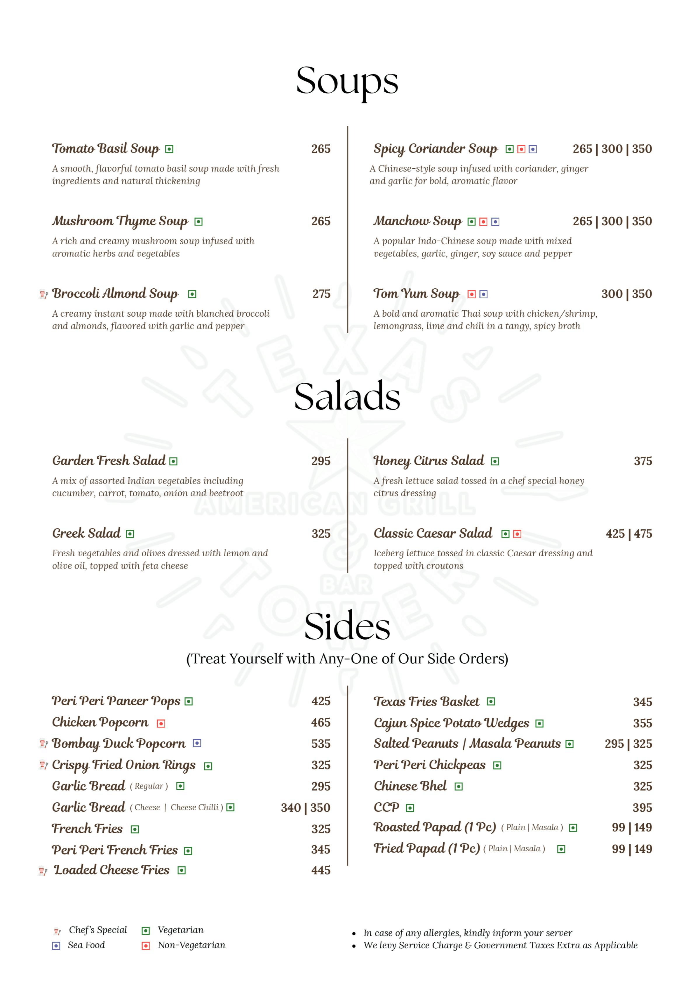 Menu of Texas Tower, Kharadi, Pune