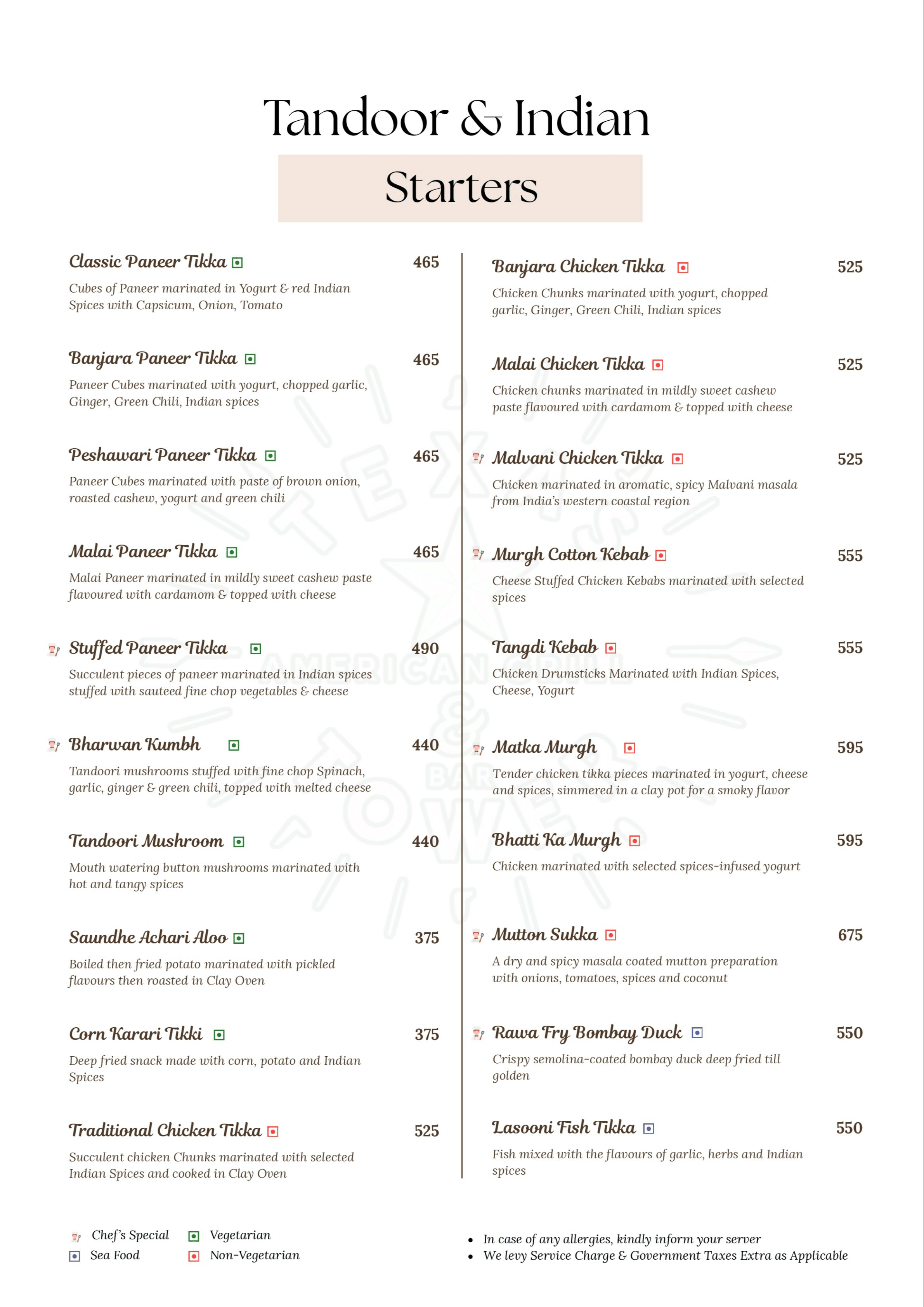 Menu of Texas Tower, Kharadi, Pune