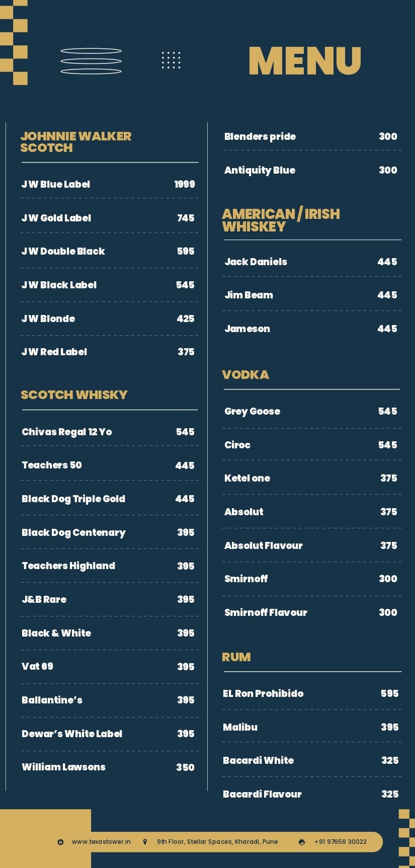 Menu of Texas Tower, Kharadi, Pune