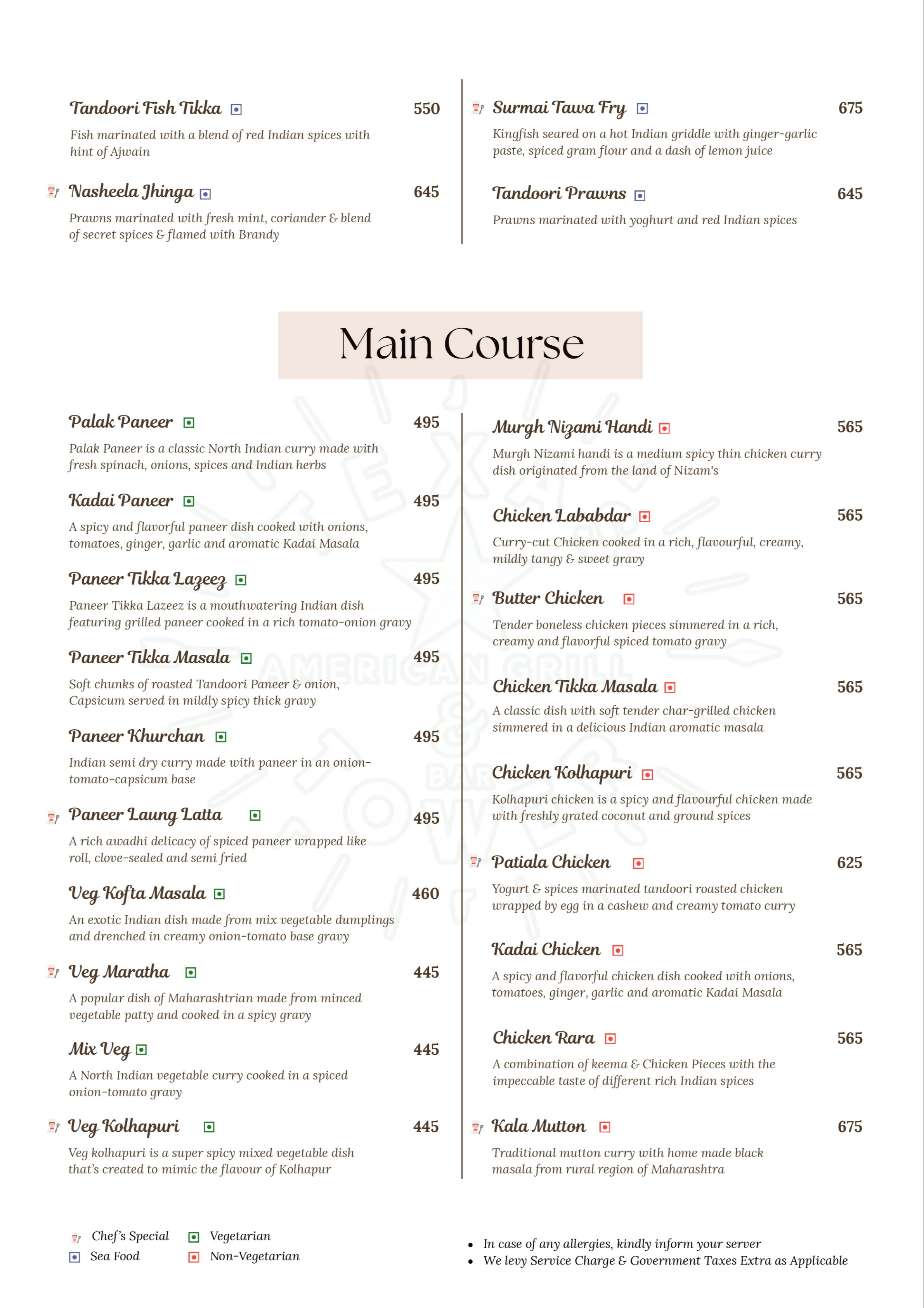 Menu of Texas Tower, Kharadi, Pune
