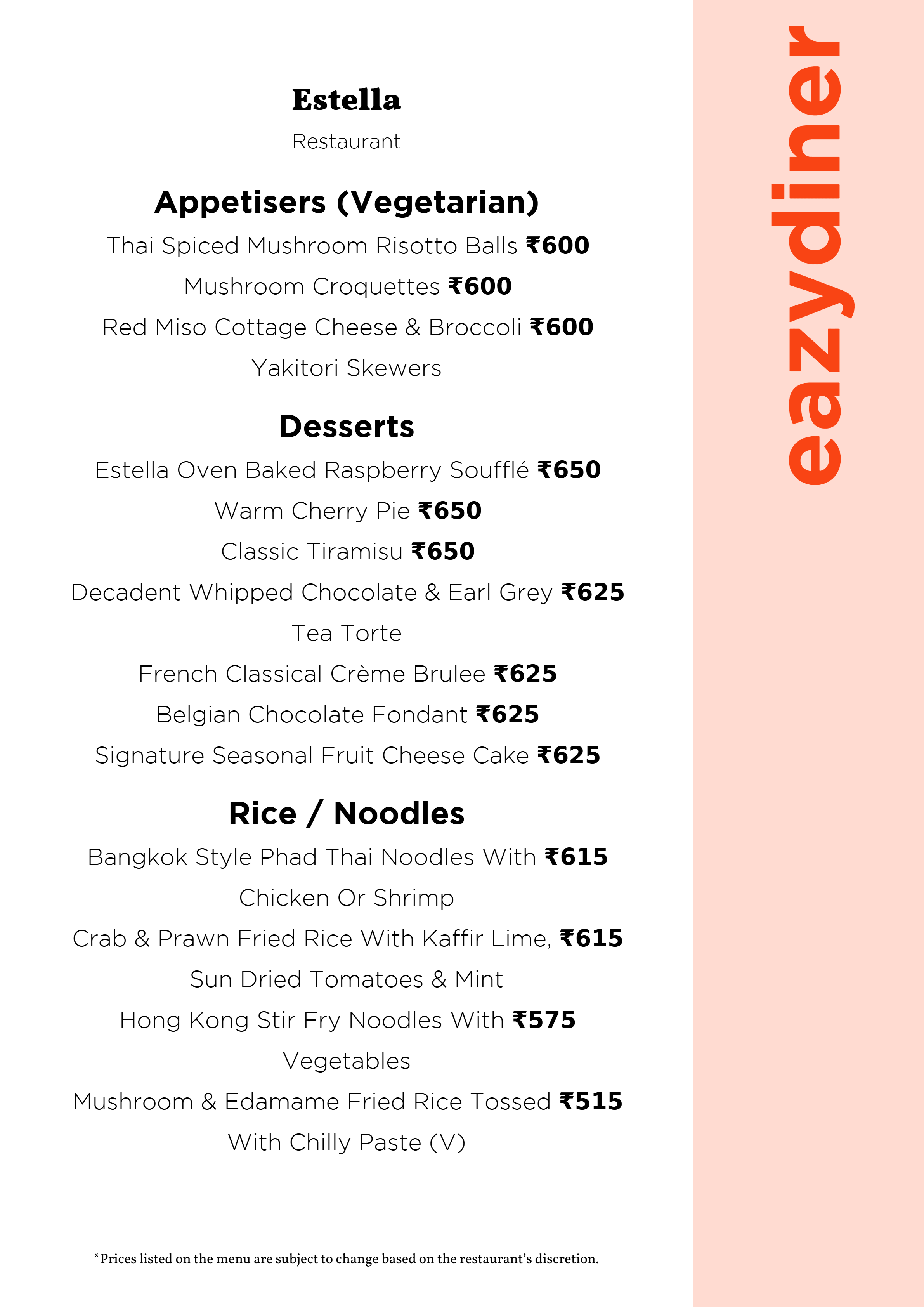 Menu of Estella, Juhu, Western Suburbs