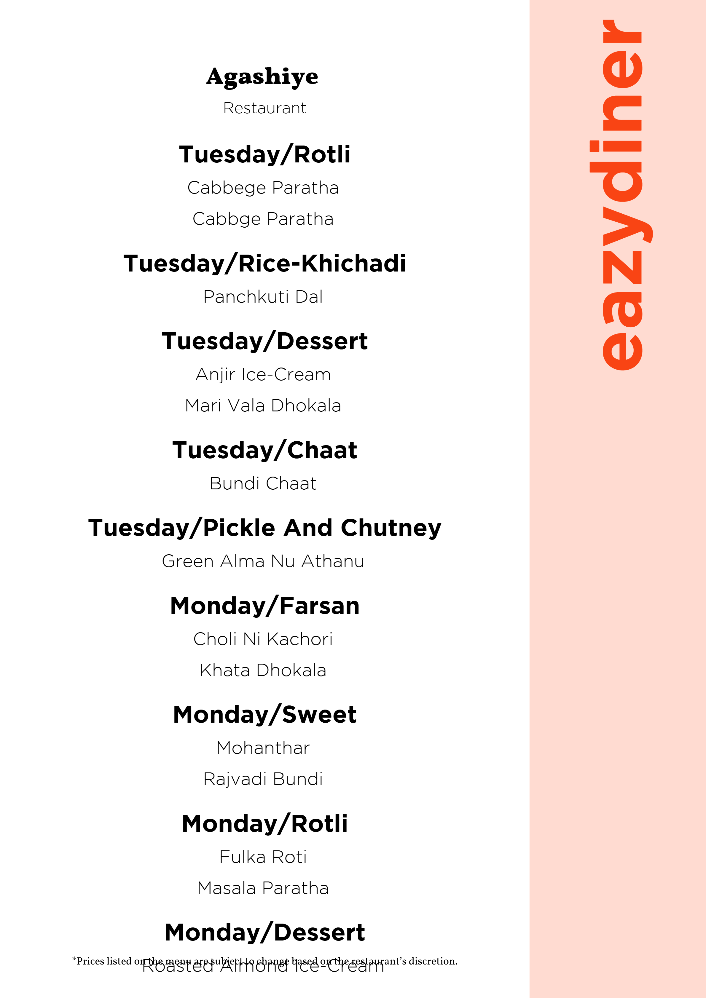 Menu of Agashiye , The House of MG, Central Ahmedabad