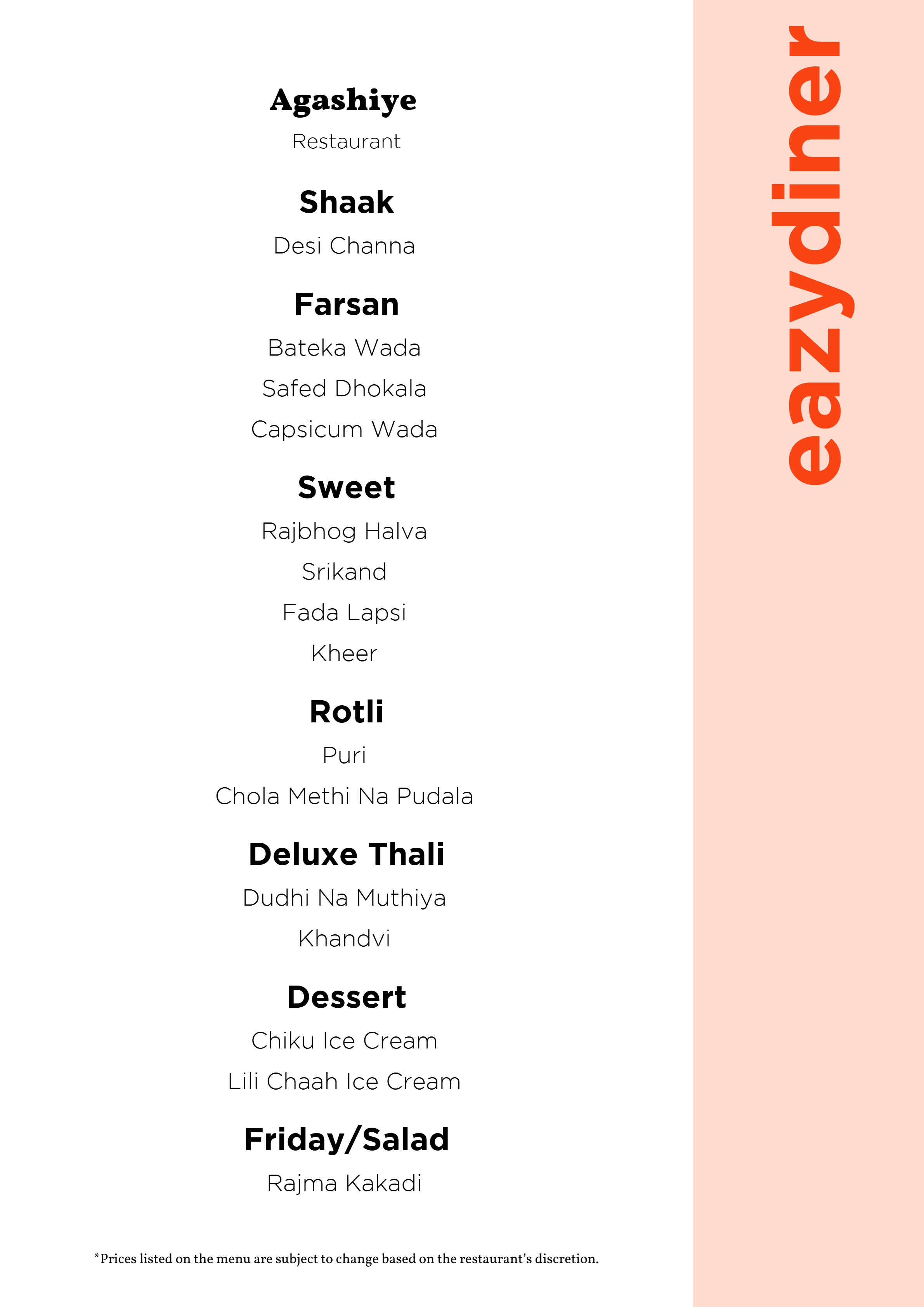Menu of Agashiye , The House of MG, Central Ahmedabad