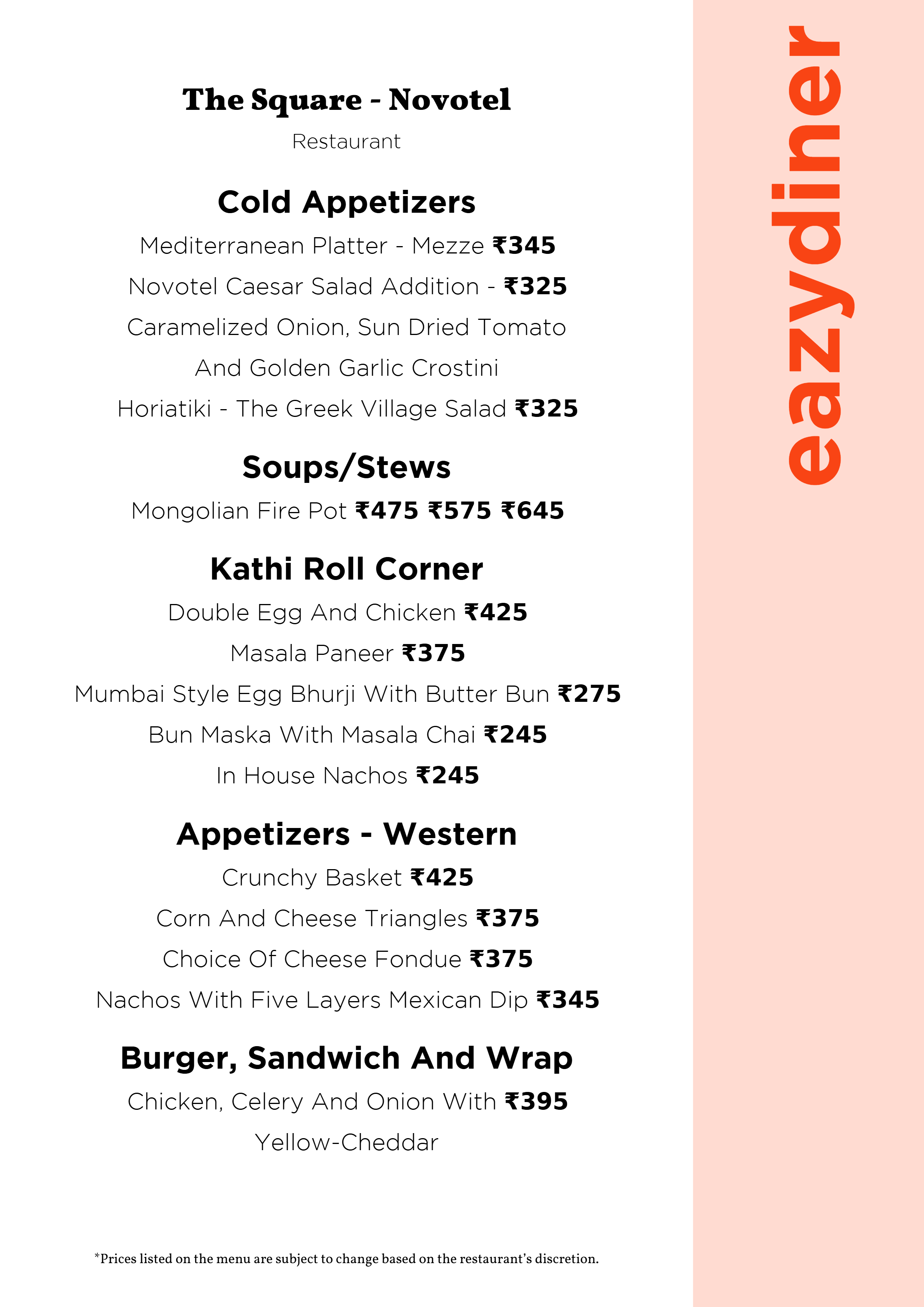 Menu of The Square - Novotel, Novotel, Ahmedabad