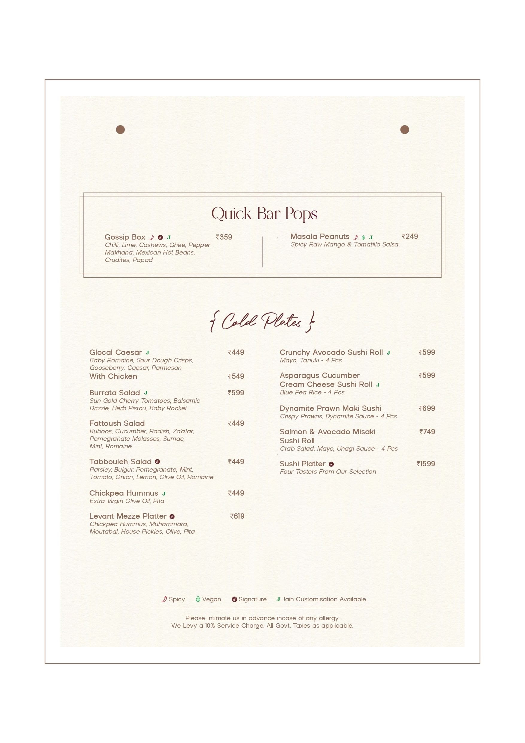 Menu of Glocal, Worli, South Mumbai