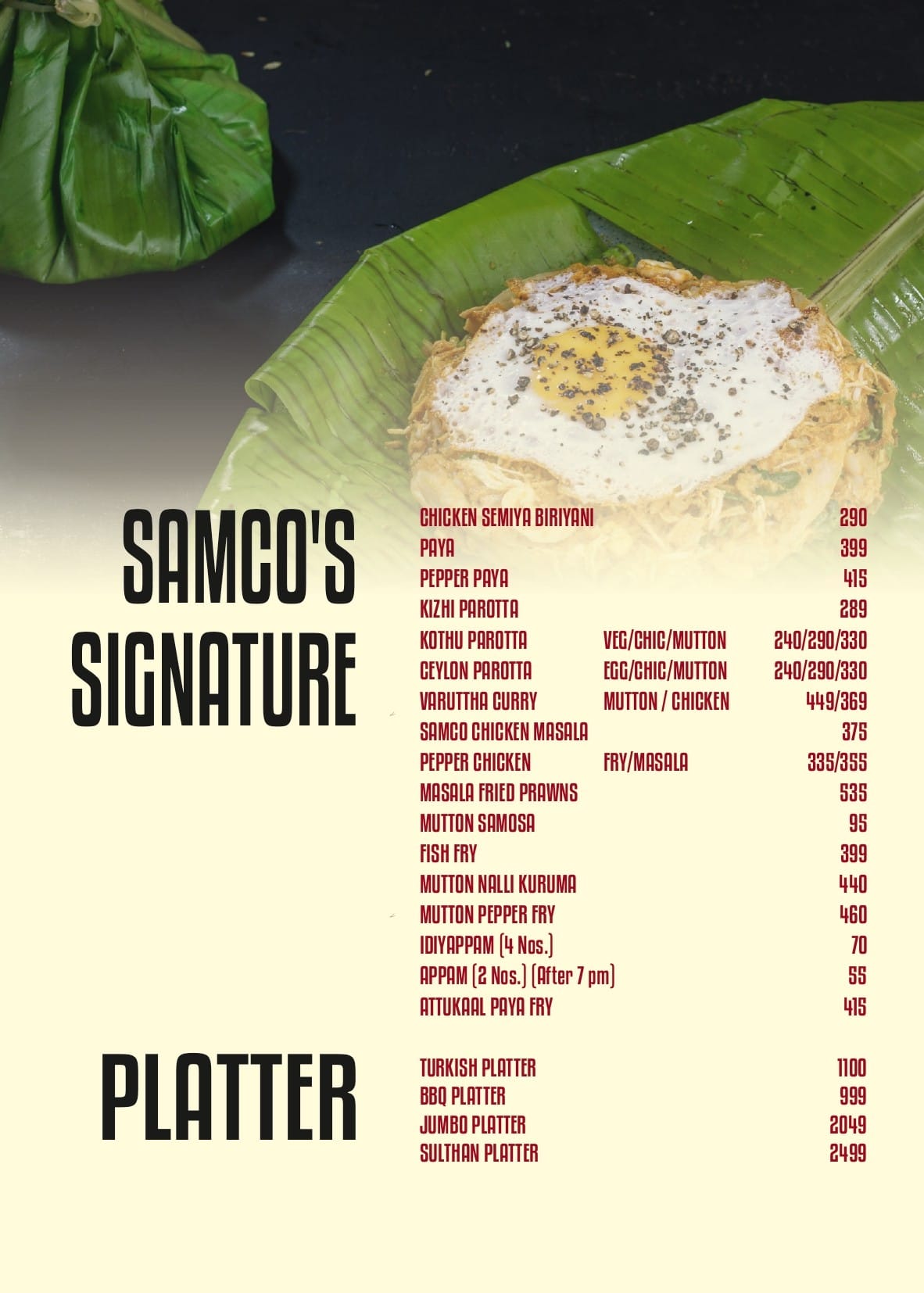 Menu of Samco Restaurant, Velachery, Chennai