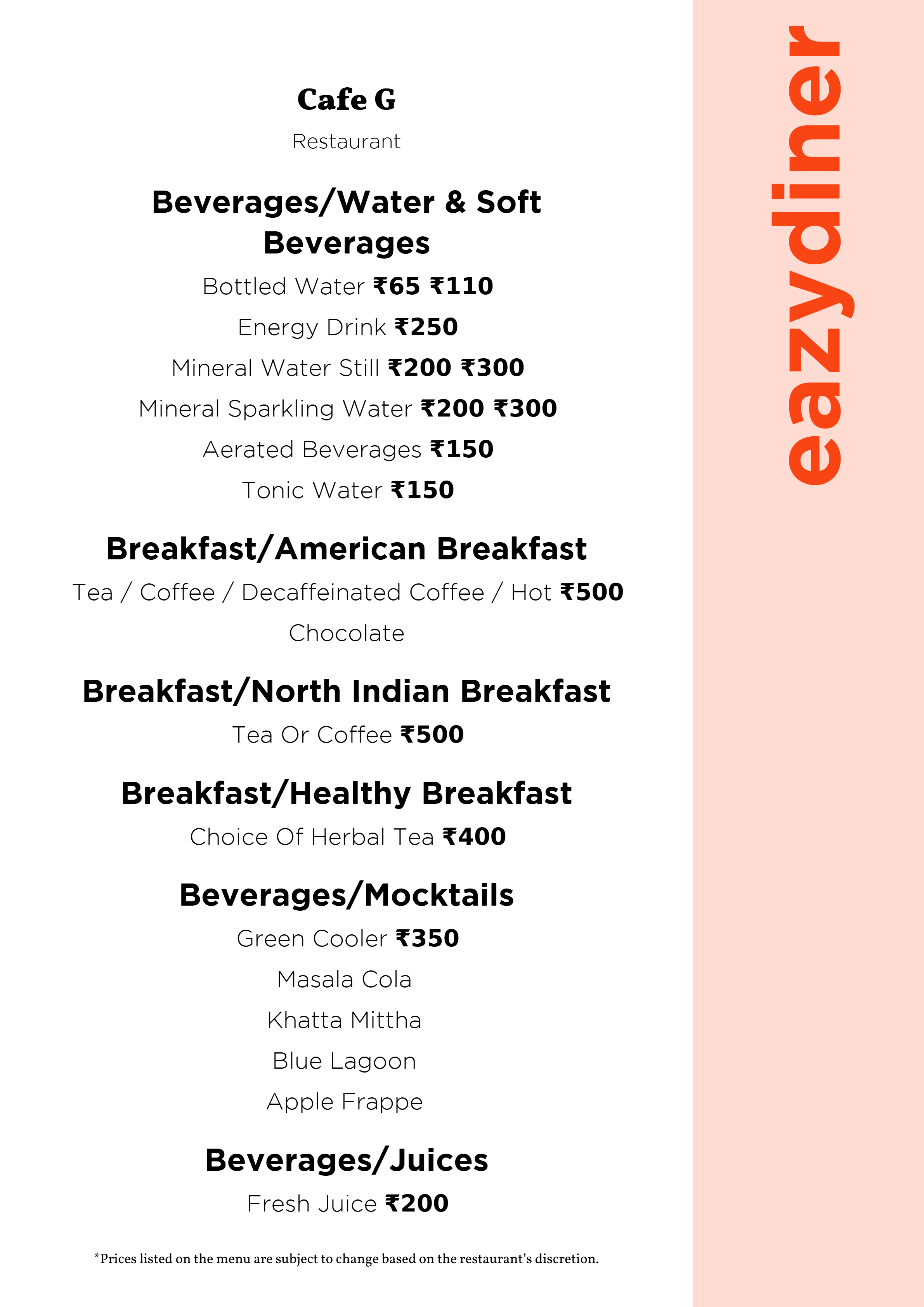 Menu of Cafe G, Holiday Inn Chennai OMR IT Expressway