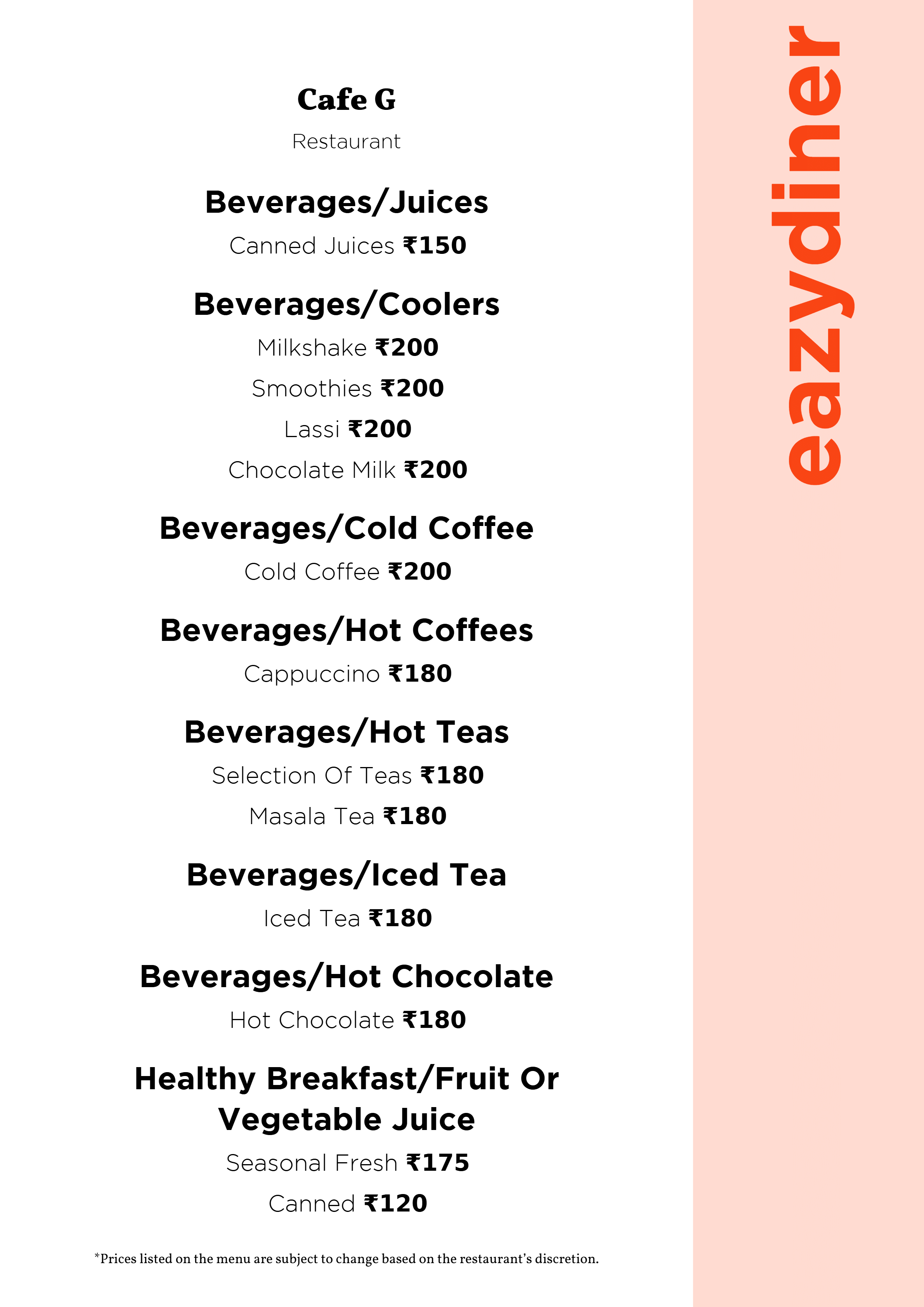 Menu of Cafe G, Holiday Inn Chennai OMR IT Expressway