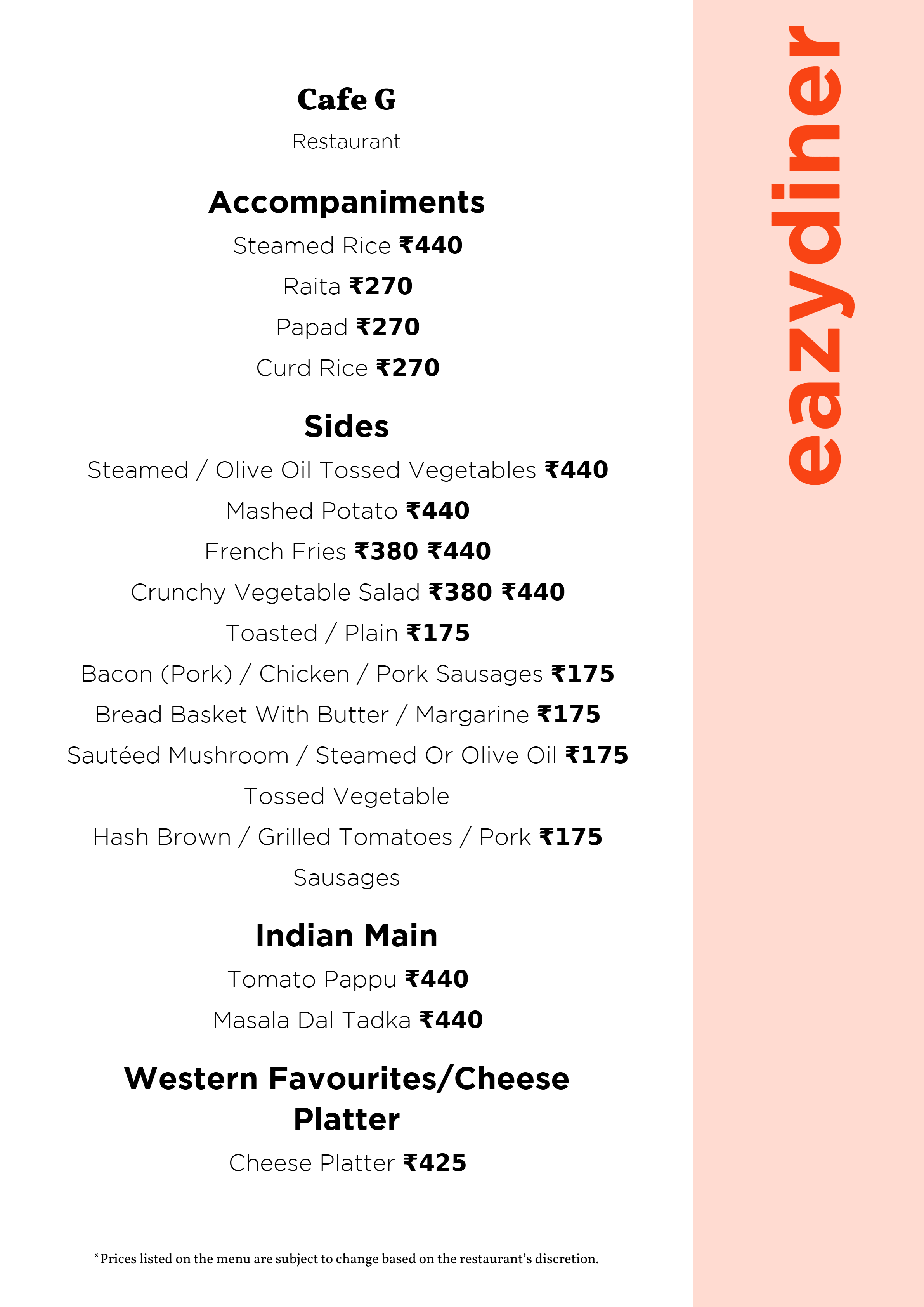Menu of Cafe G, Holiday Inn Chennai OMR IT Expressway