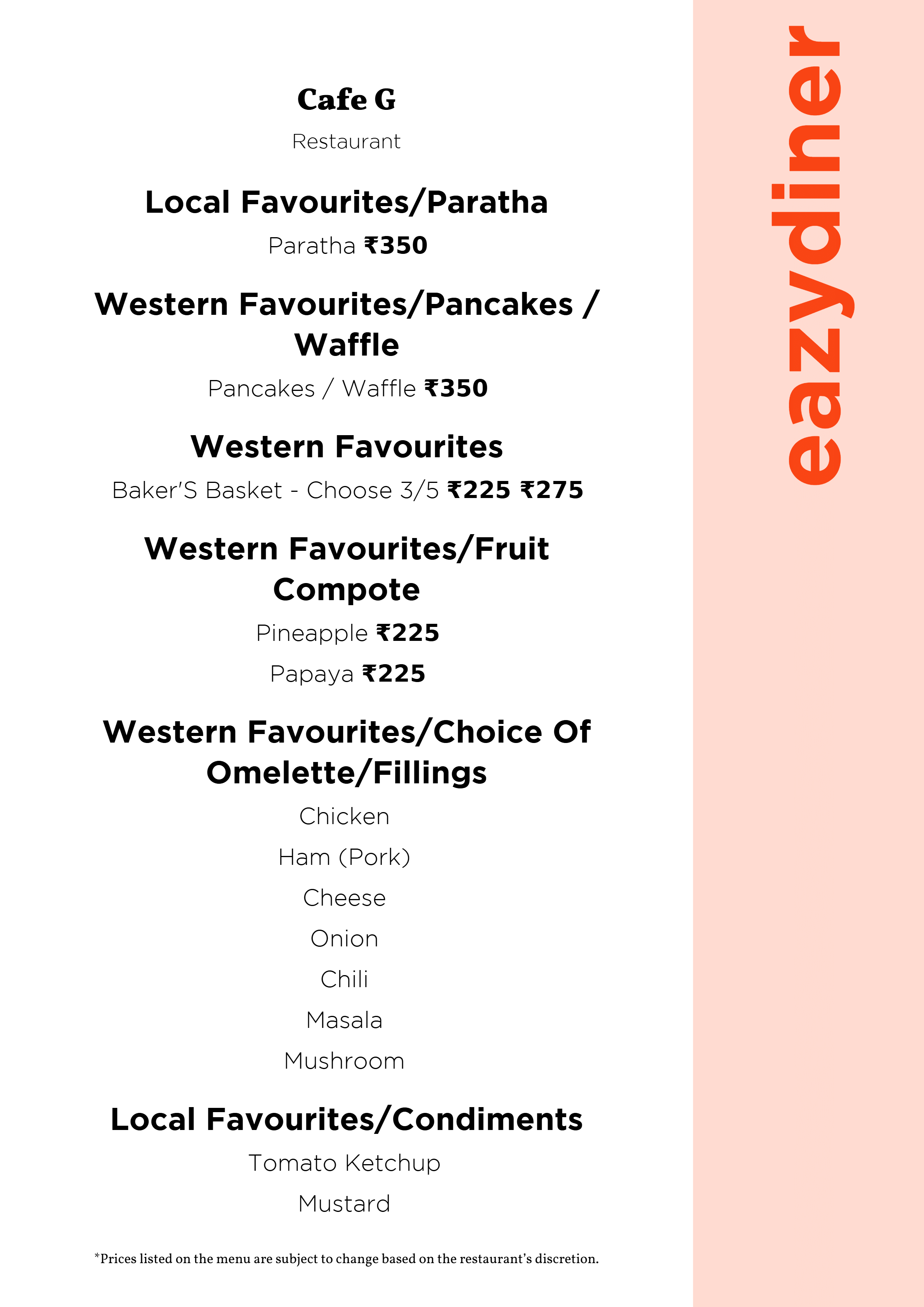 Menu of Cafe G, Holiday Inn Chennai OMR IT Expressway