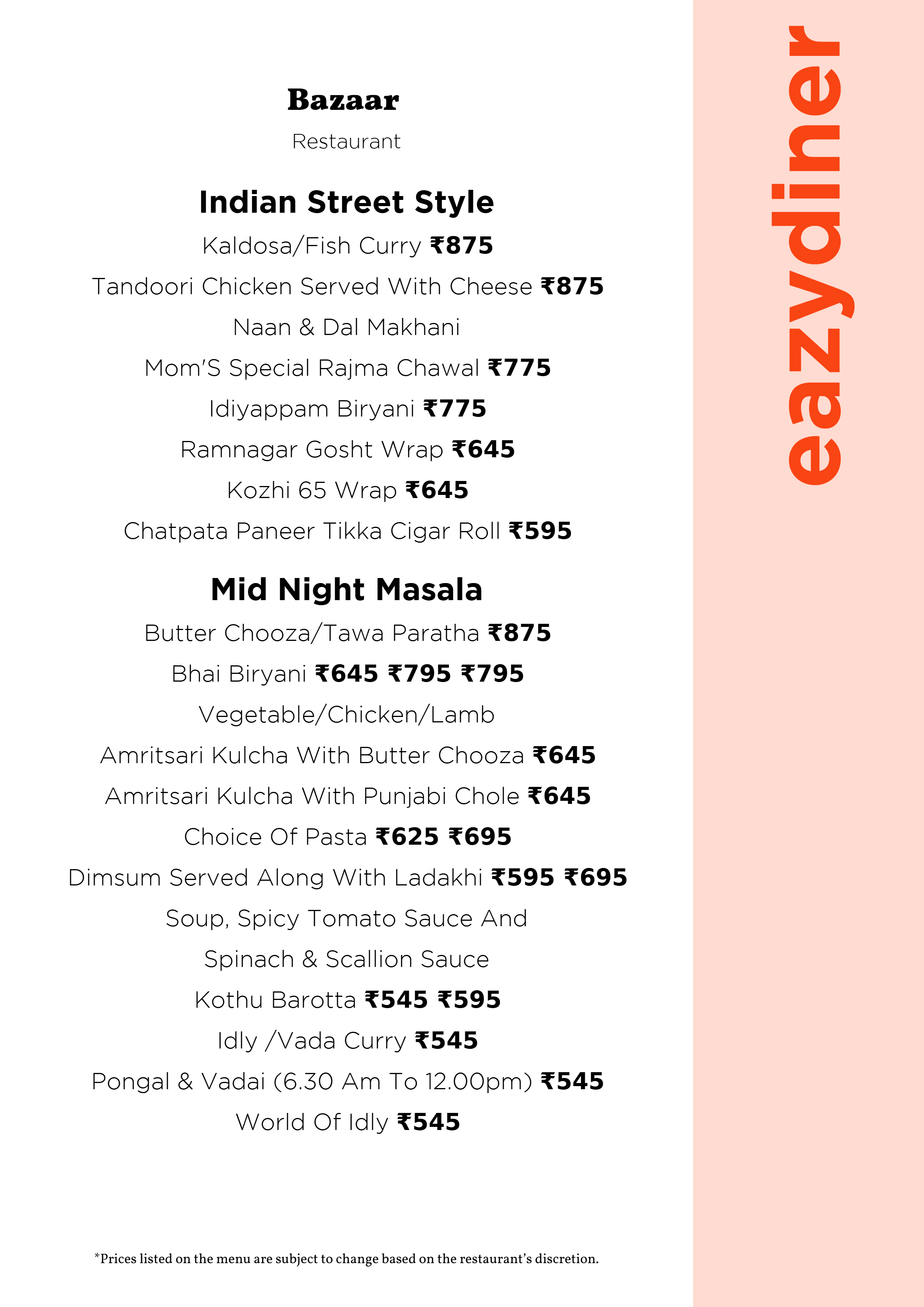 Menu of Bazaar , Grand by GRT