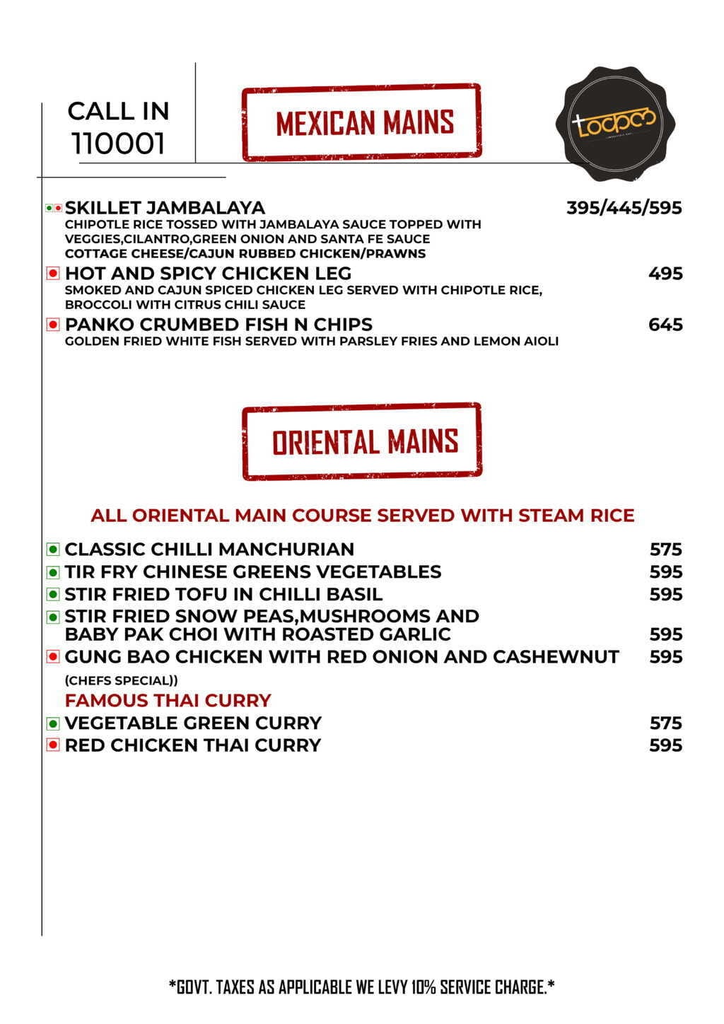 Menu of Local, Connaught Place (CP), Central Delhi