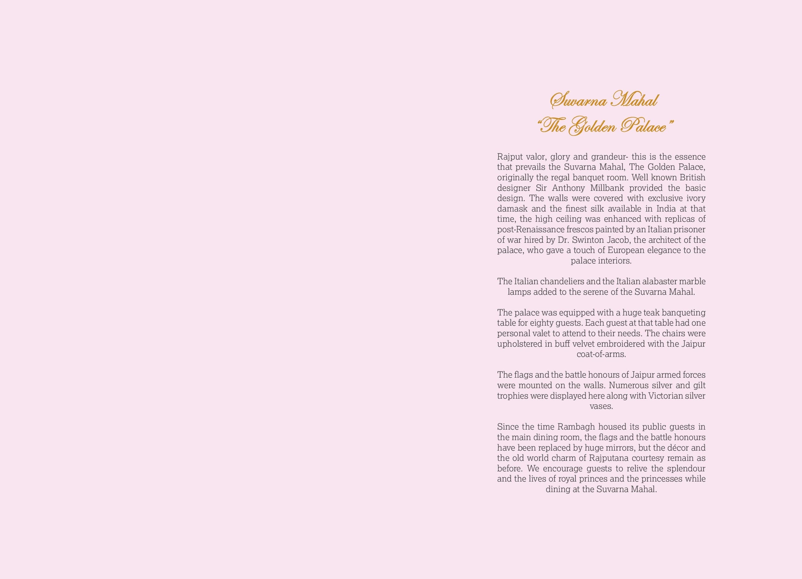 Menu of Suvarna Mahal, Rambagh Palace, Jaipur