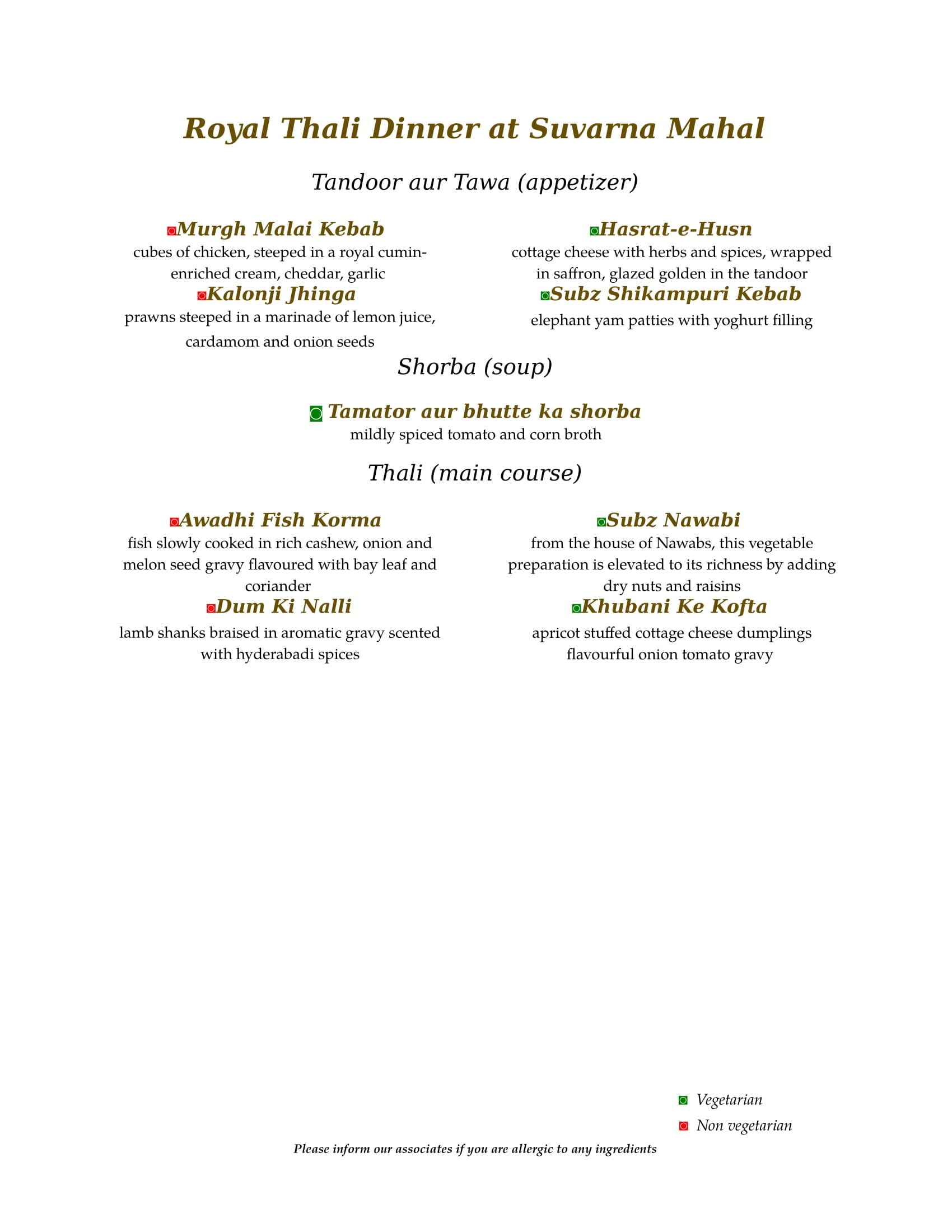 Menu of Suvarna Mahal, Rambagh Palace, Jaipur