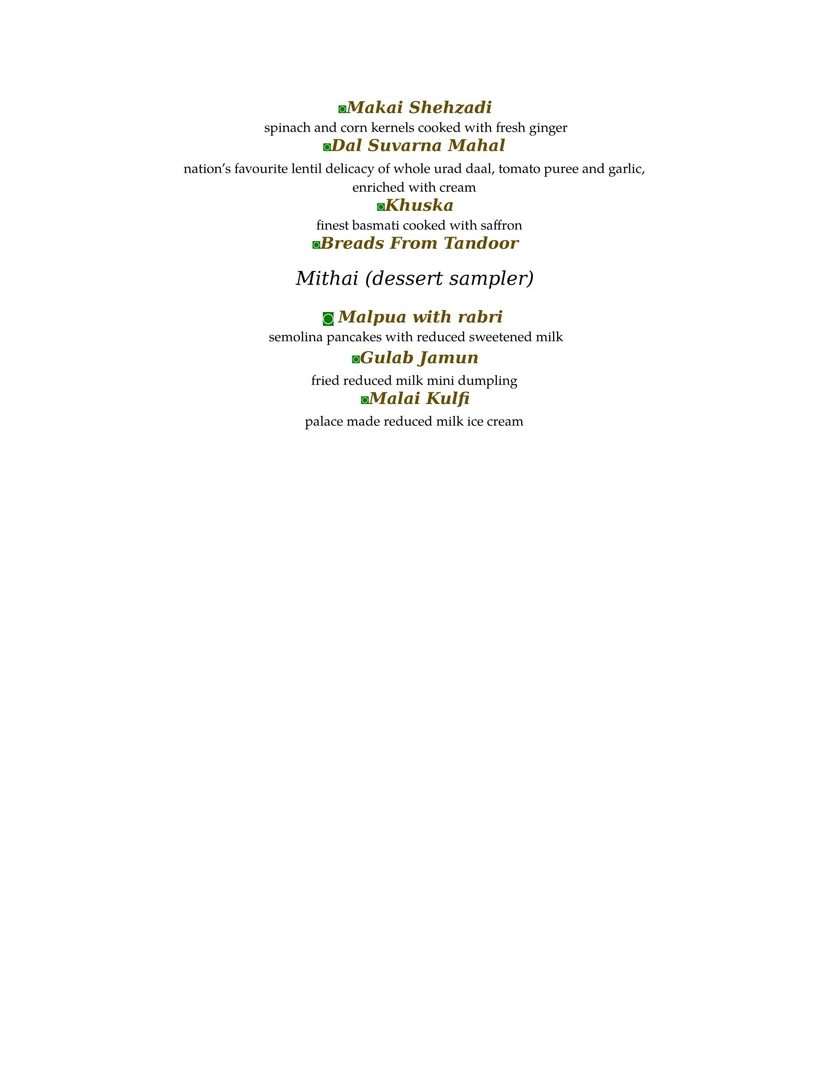 Menu of Suvarna Mahal, Rambagh Palace, Jaipur