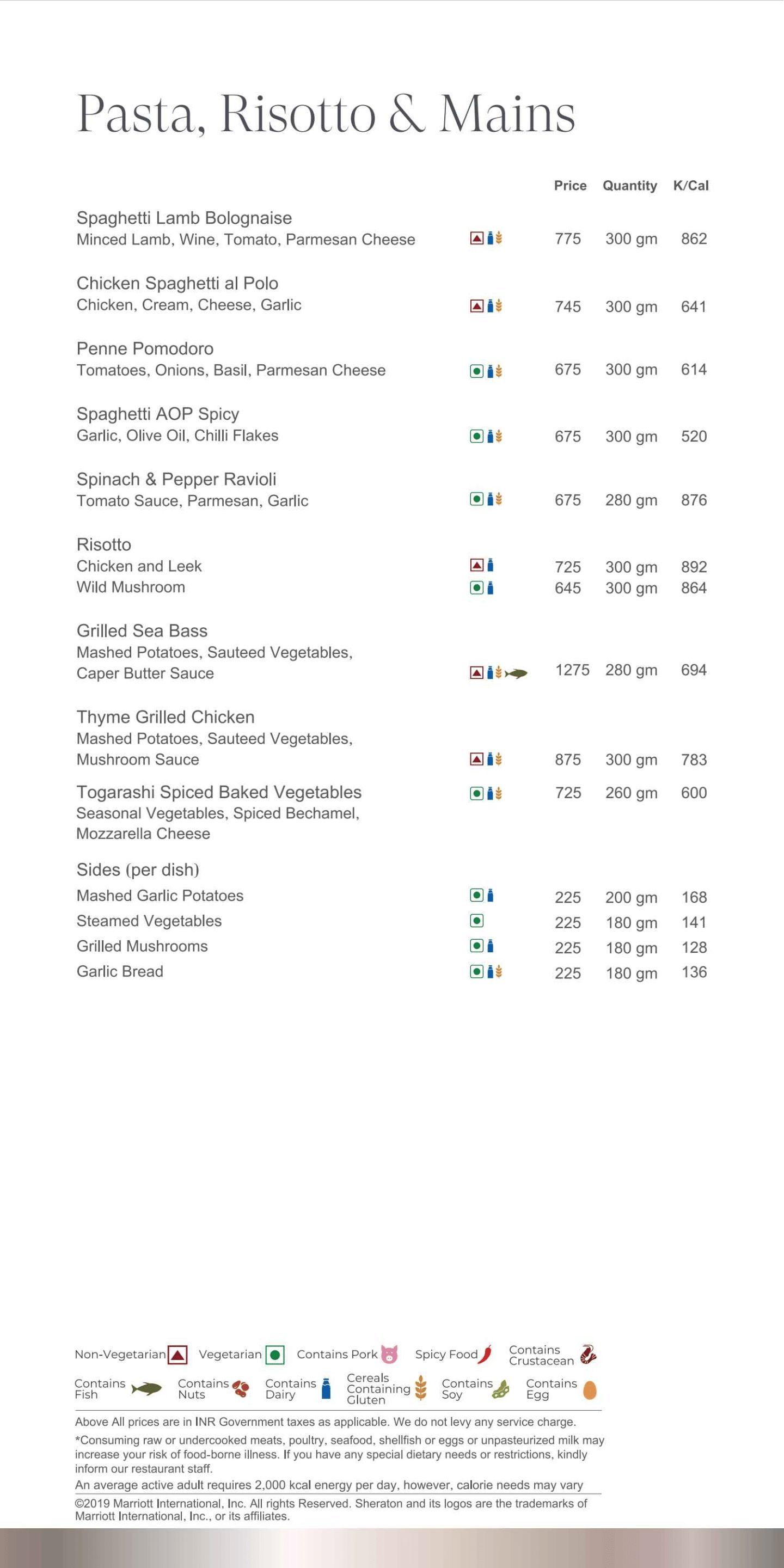 Menu of Feast , Sheraton Hyderabad Hotel