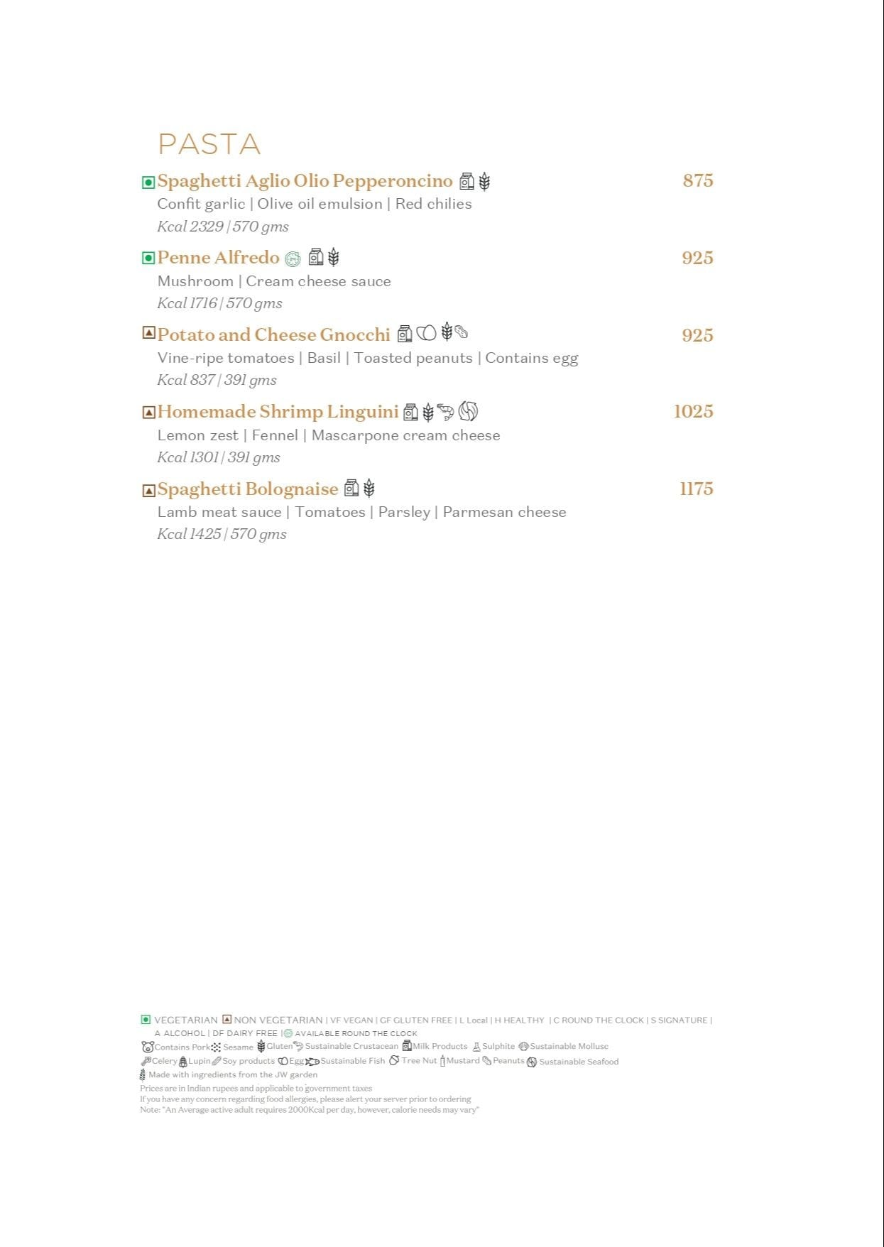 Menu of JW Kitchen, JW Marriott Kolkata