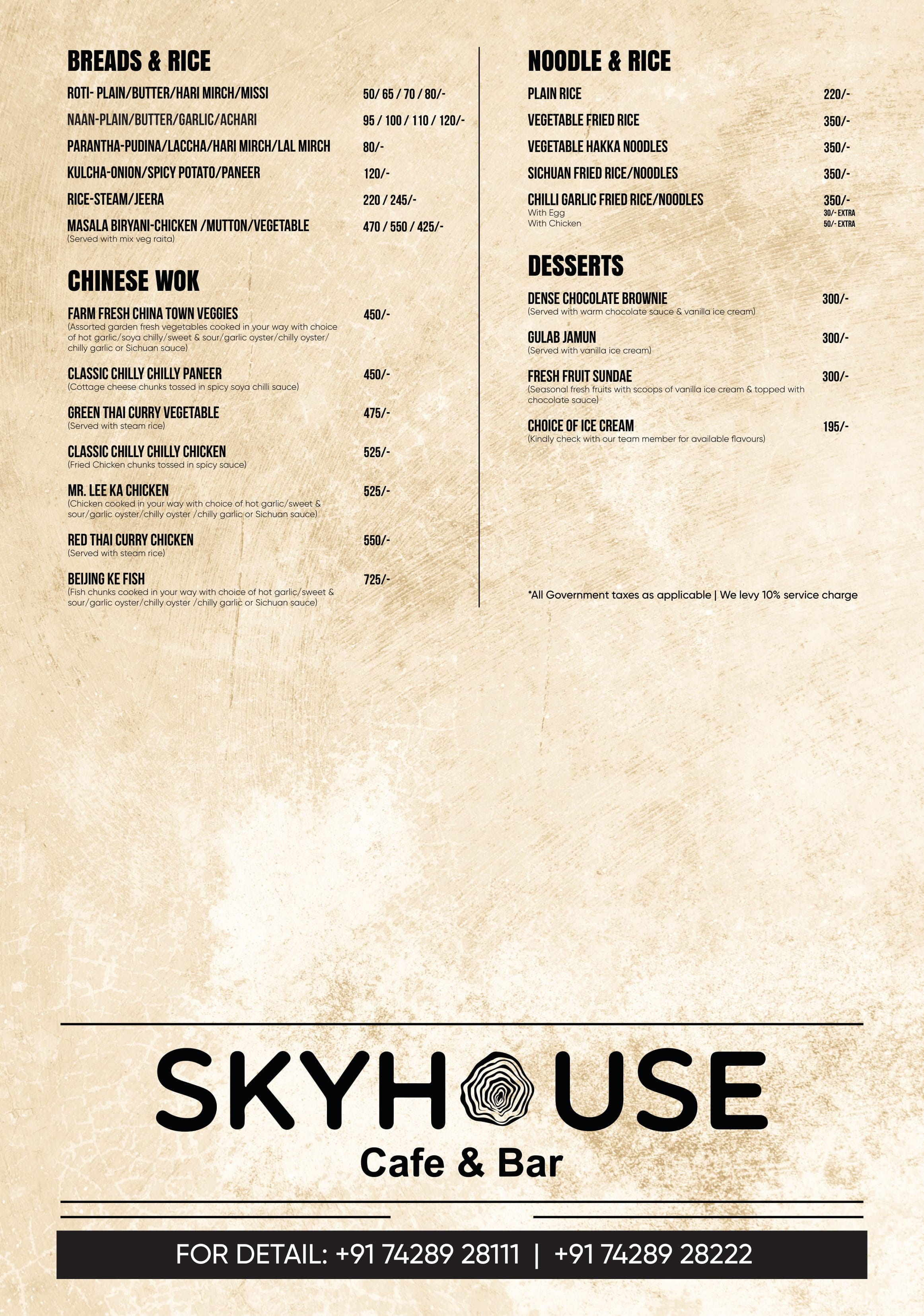 Menu of SkyHouse, Sector 32, Noida