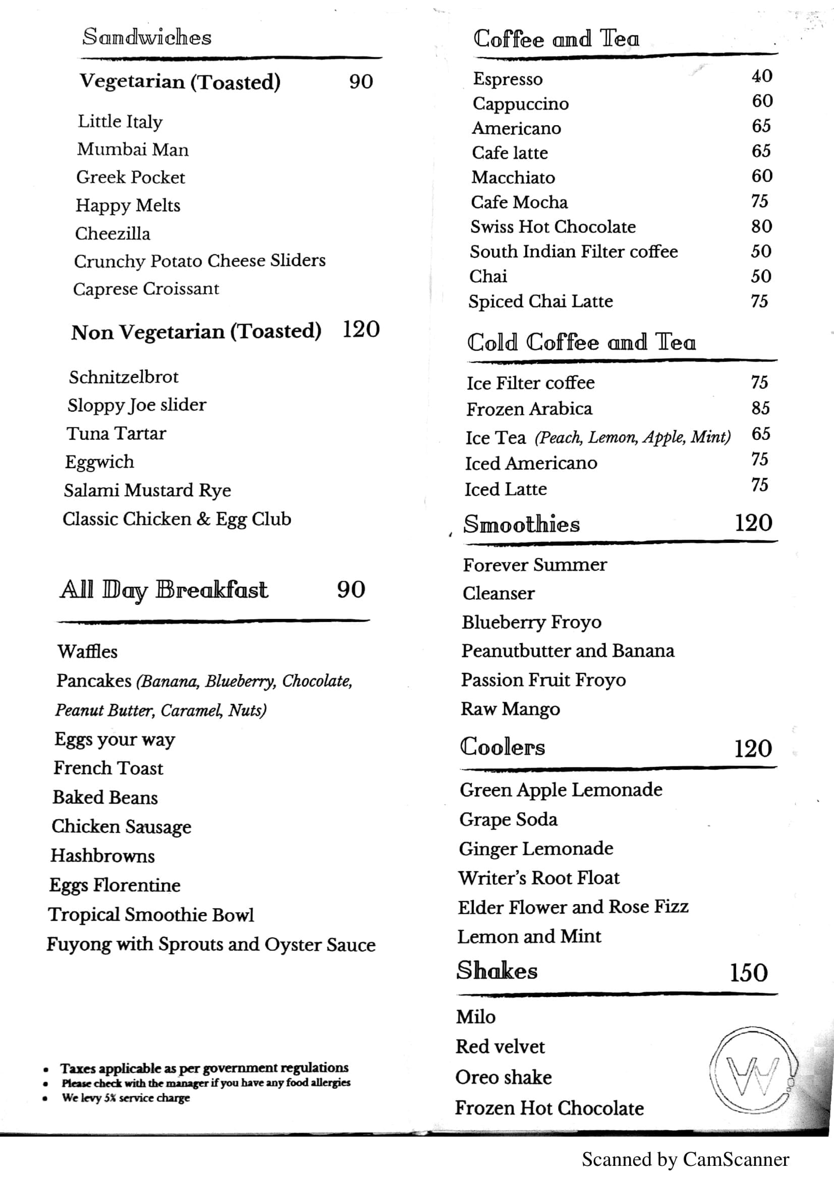 Menu of Writer's Cafe , Gopalapuram, Chennai