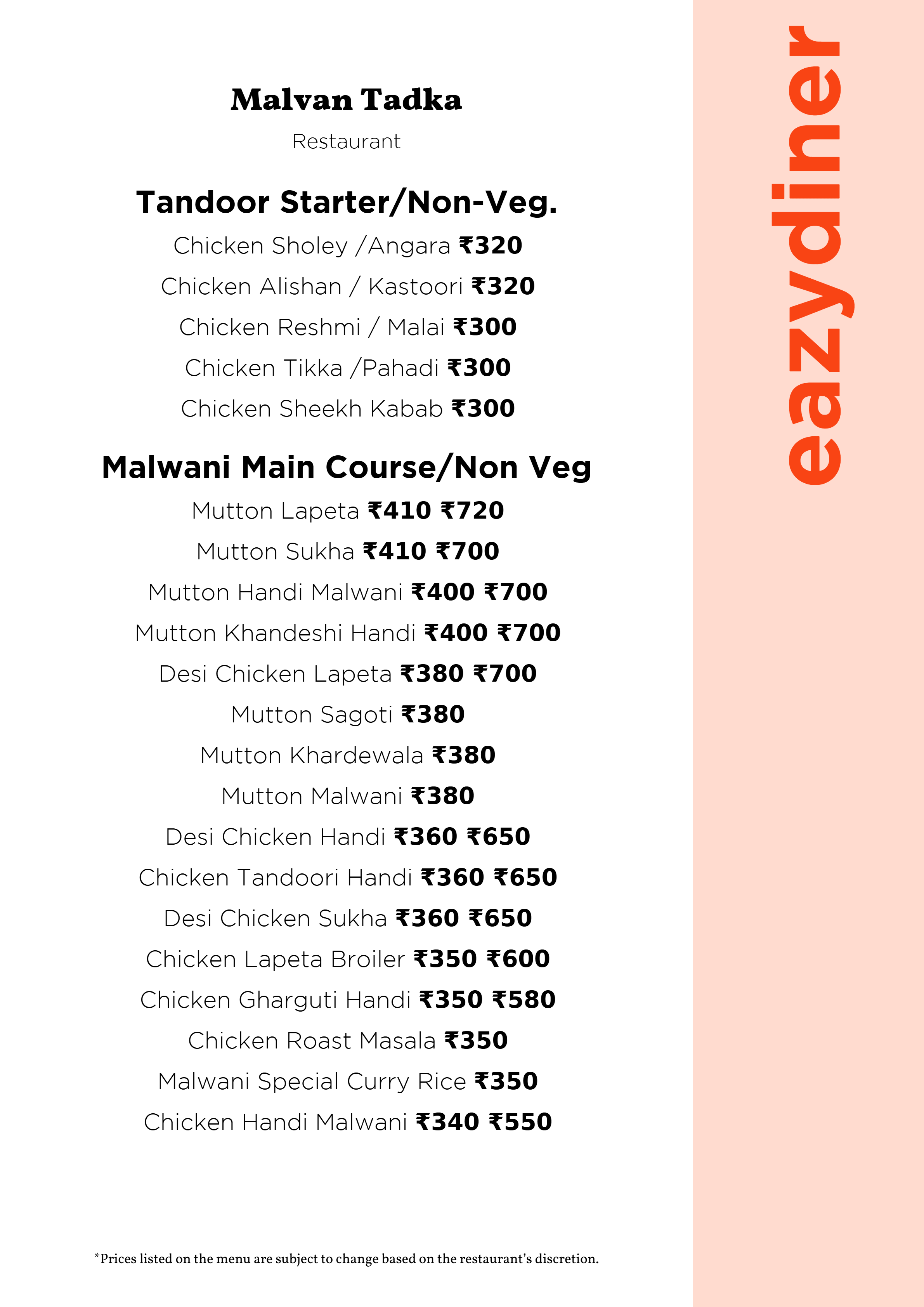 Menu of Malvan Tadka, Panch Pakhadi, Thane West