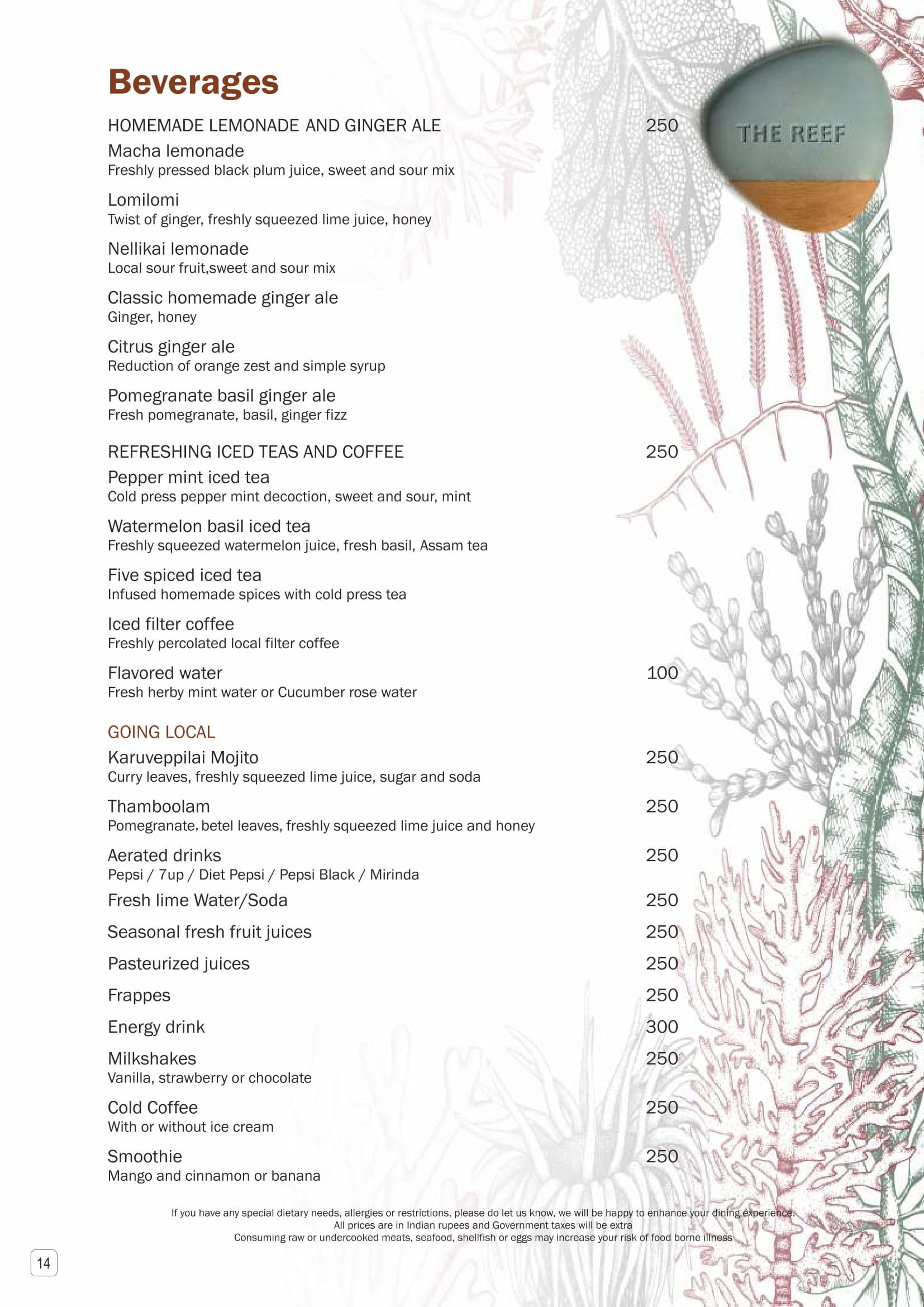 Menu of The Reef, Sheraton Grand Chennai Resort & Spa