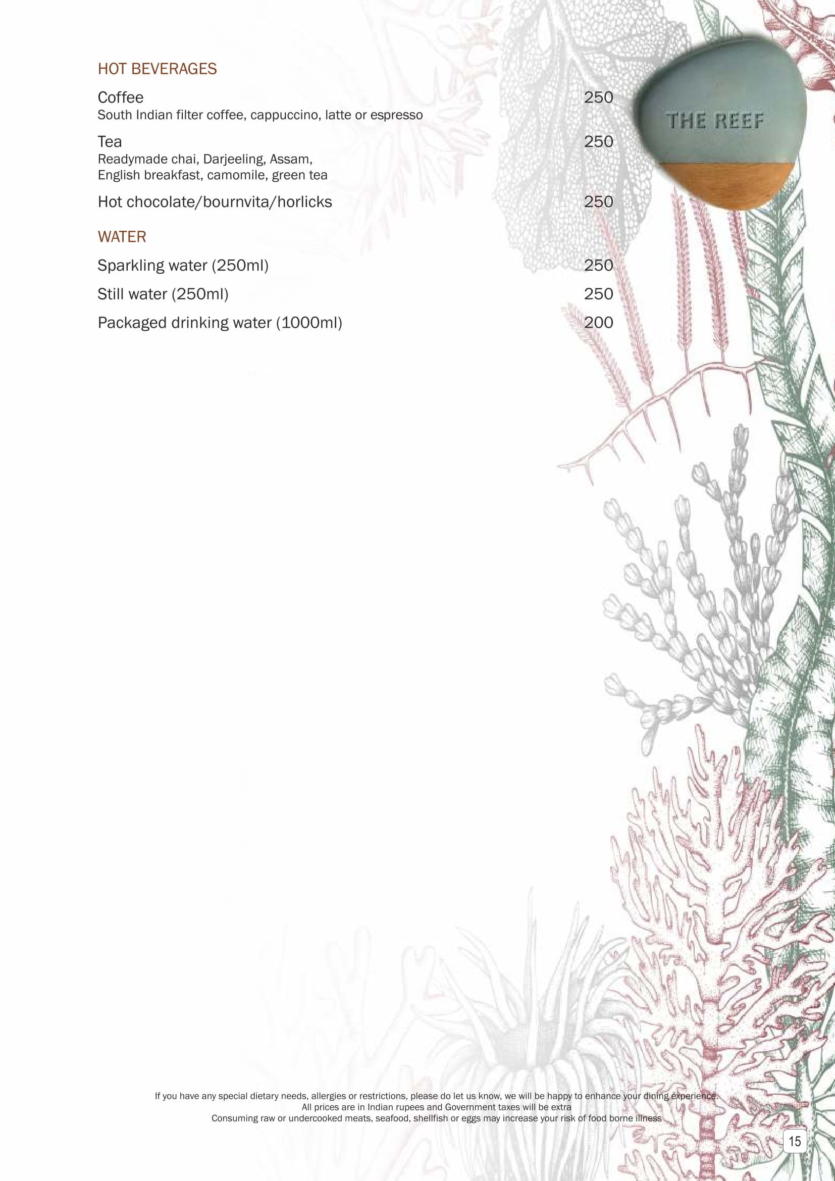 Menu of The Reef, Sheraton Grand Chennai Resort & Spa