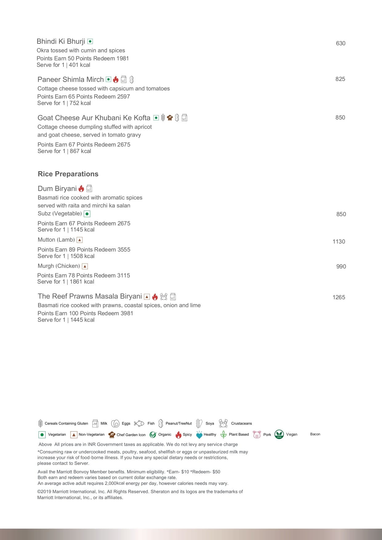Menu of The Reef, Sheraton Grand Chennai Resort & Spa