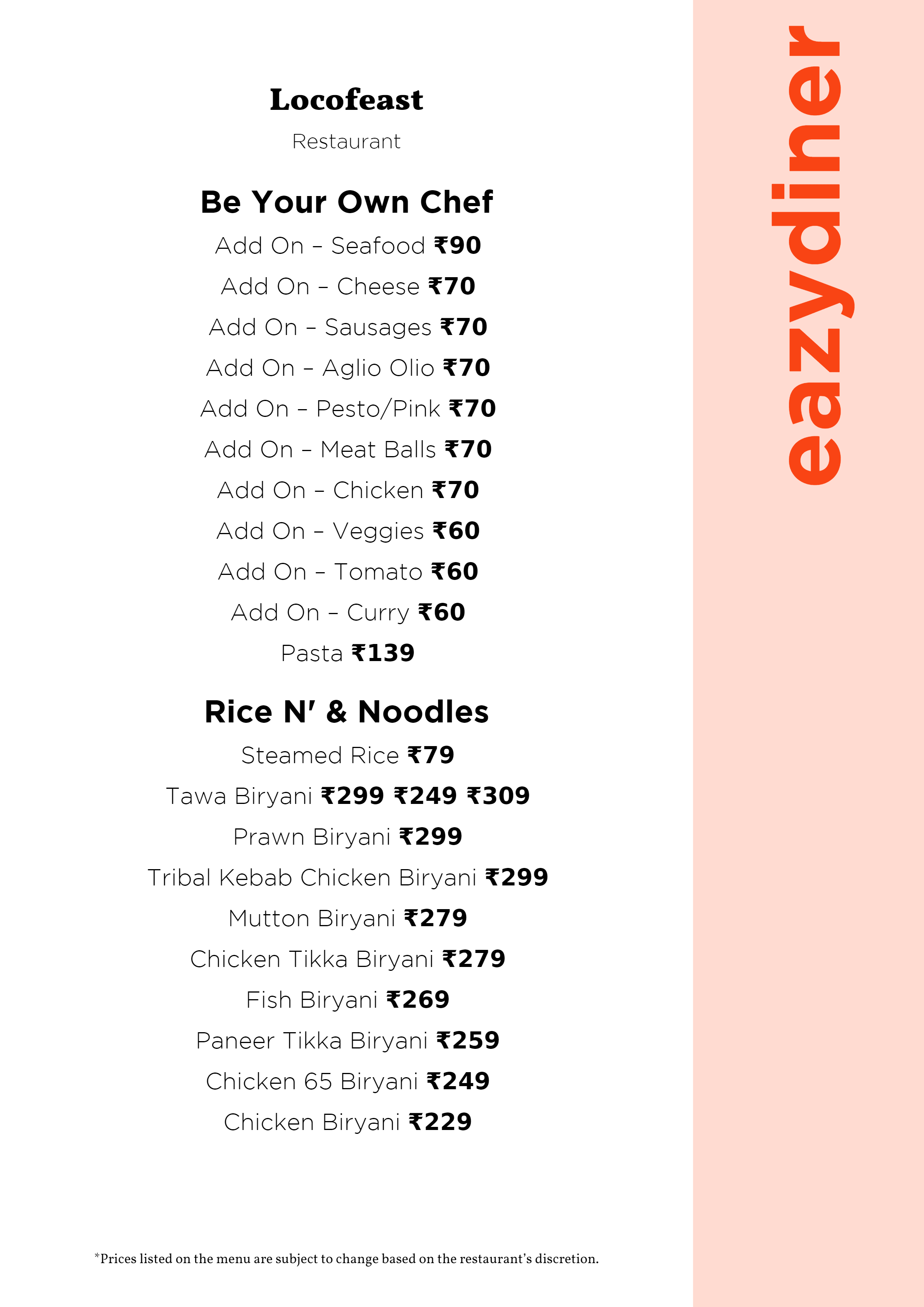 Menu of Locofeast, Nungambakkam, Chennai