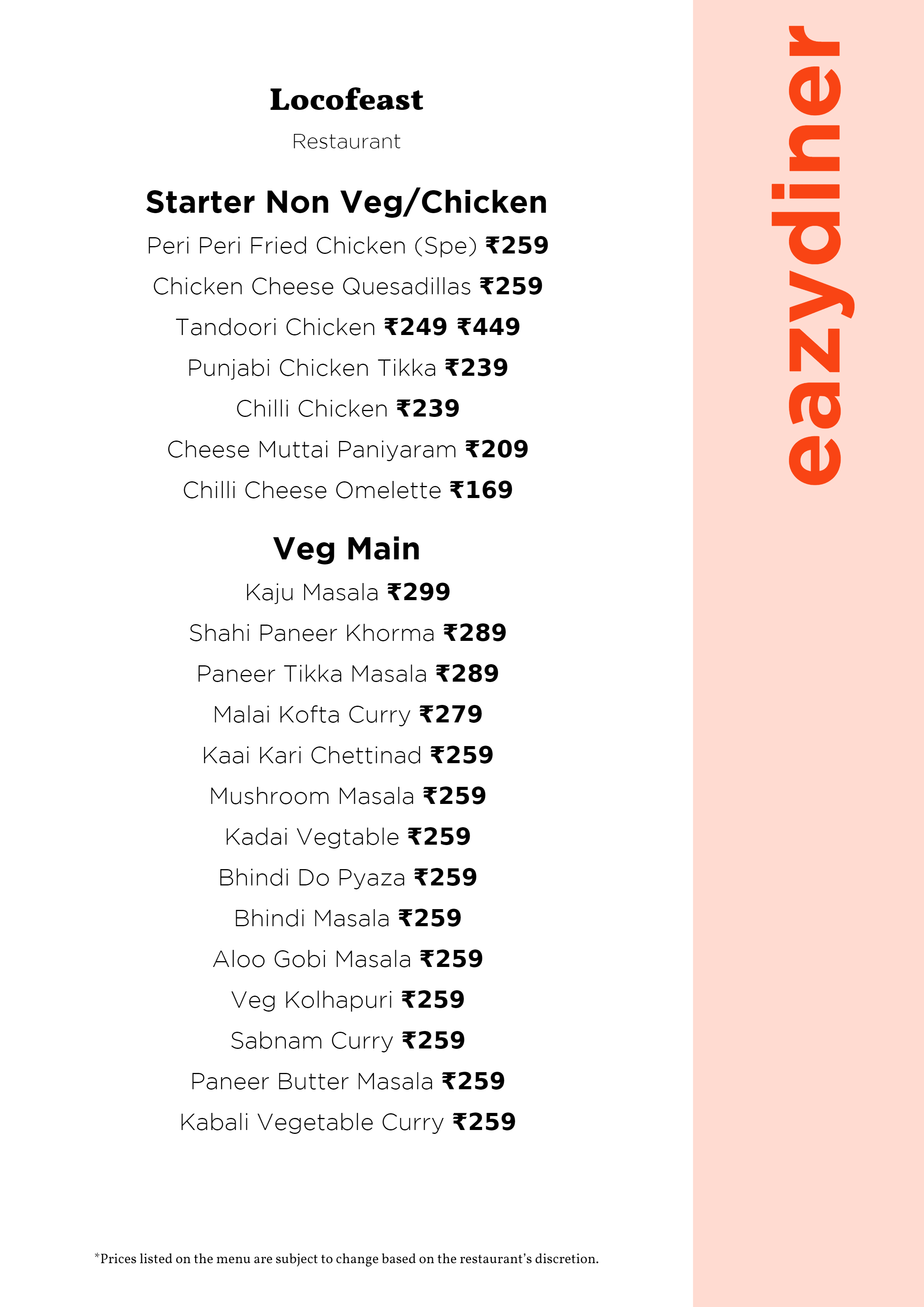 Menu of Locofeast, Nungambakkam, Chennai