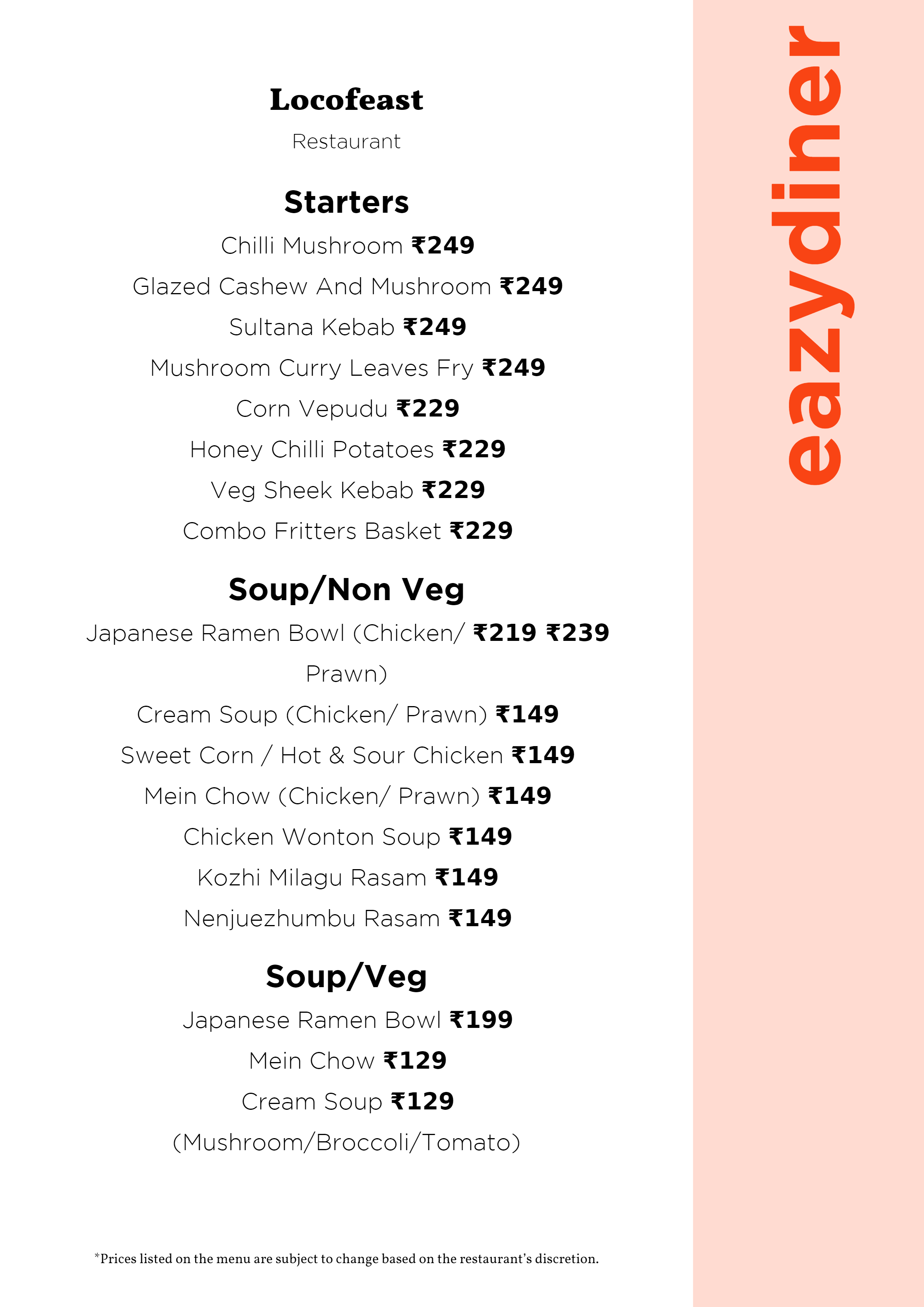 Menu of Locofeast, Nungambakkam, Chennai