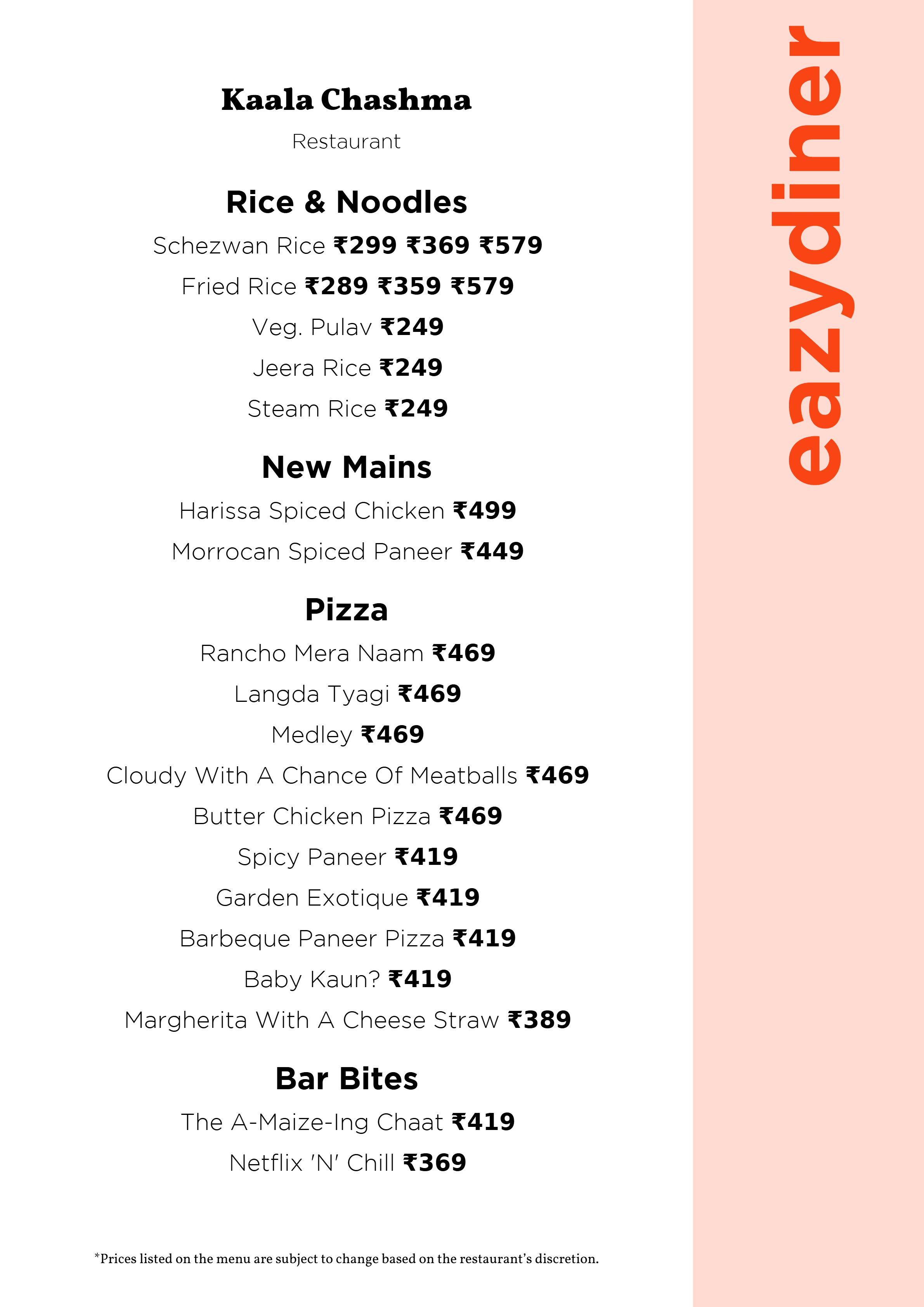 Menu of Kaala Chashma, Panch Pakhadi, Thane West
