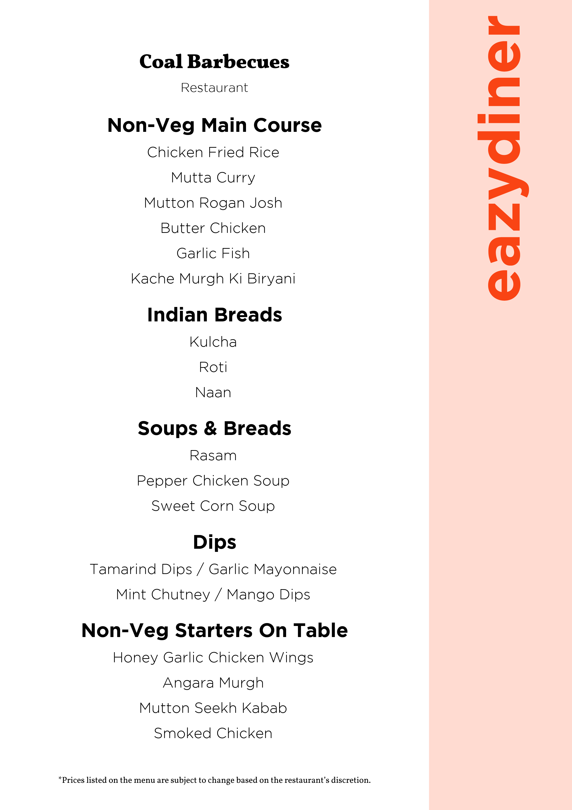 Menu of Coal Barbecues, Navallur, Chennai
