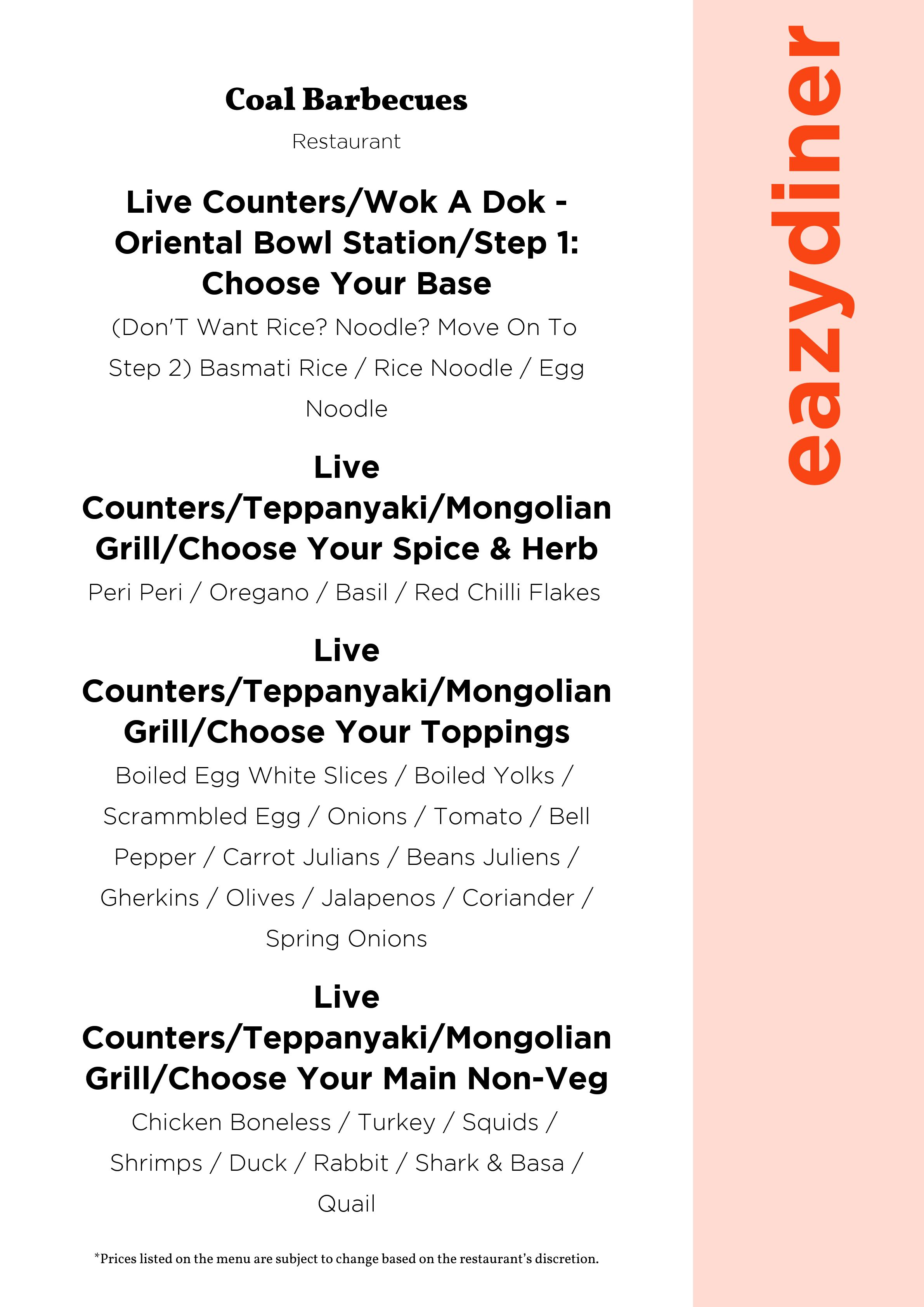 Menu of Coal Barbecues, Navallur, Chennai