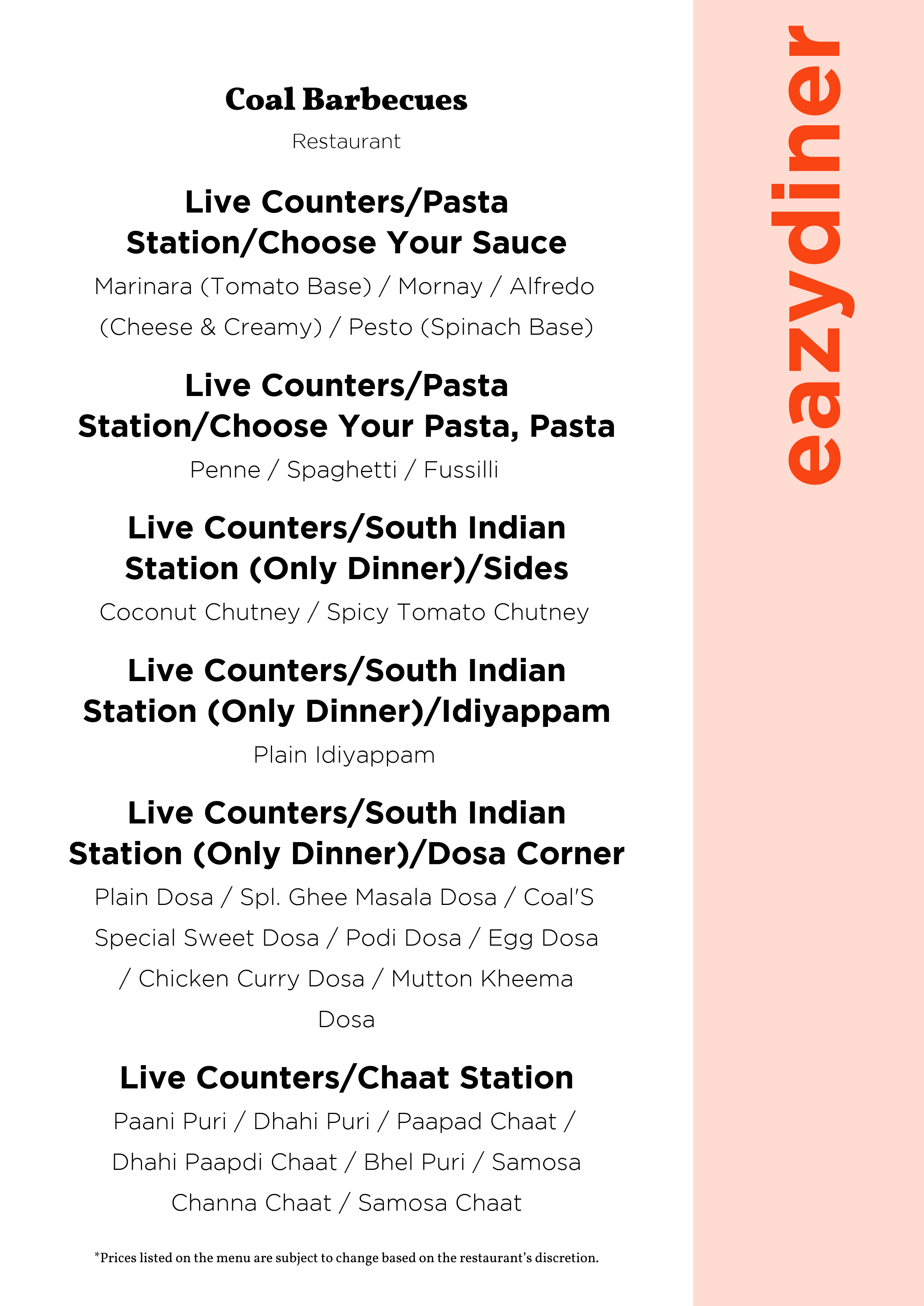 Menu of Coal Barbecues, Navallur, Chennai